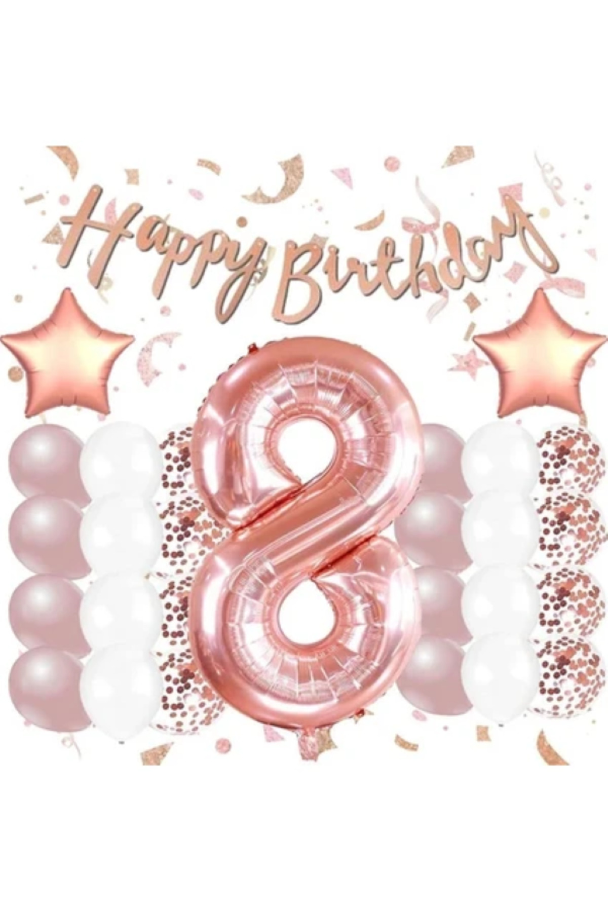 BALON DİYARI Rose Gold 8 Yaş Doğum Günü Kutlama Seti; Beyaz Gold ...