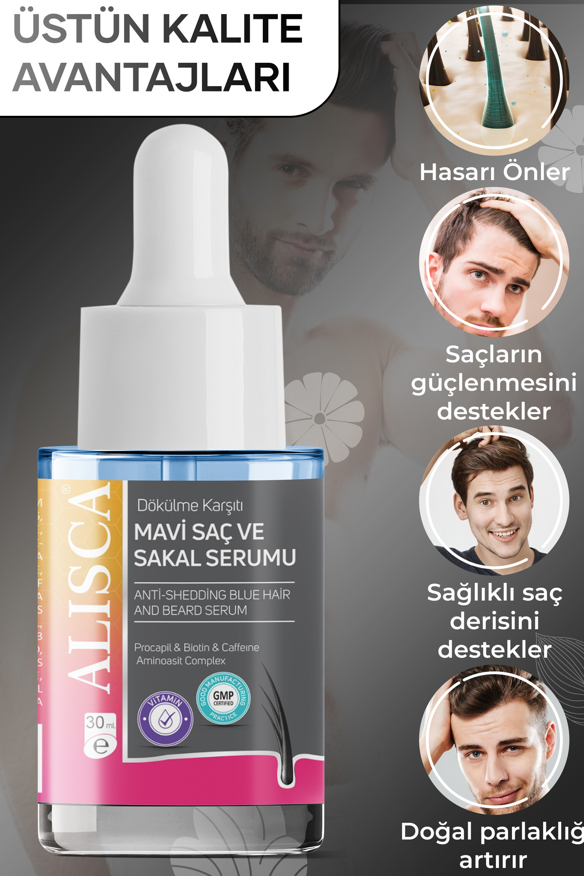 Alisca Mavi Saç bakım ve sakal serumu hacim ve dolgunlaştıran biyotin ...