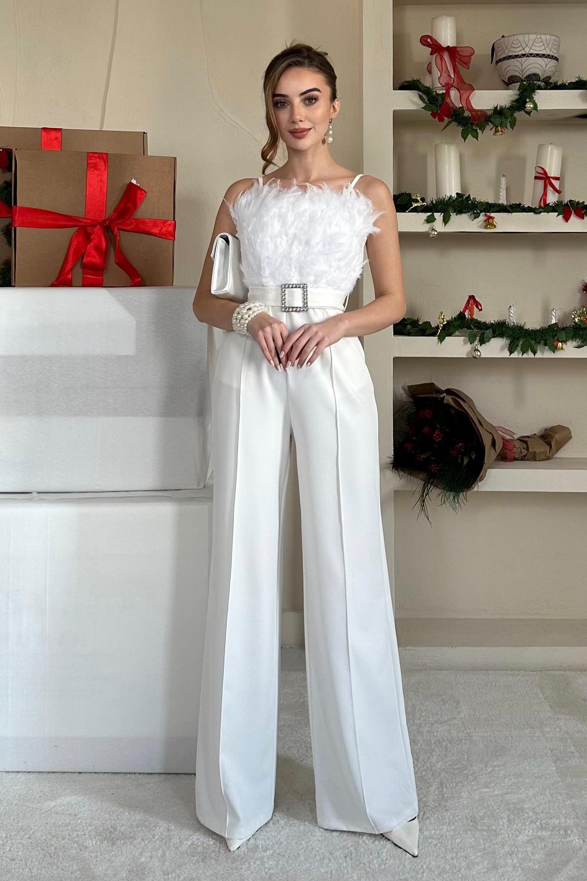 Elbee Fashion Woman Beyaz Otriş Detaylı Kemerli Beyaz Tulum Fiyatı ...
