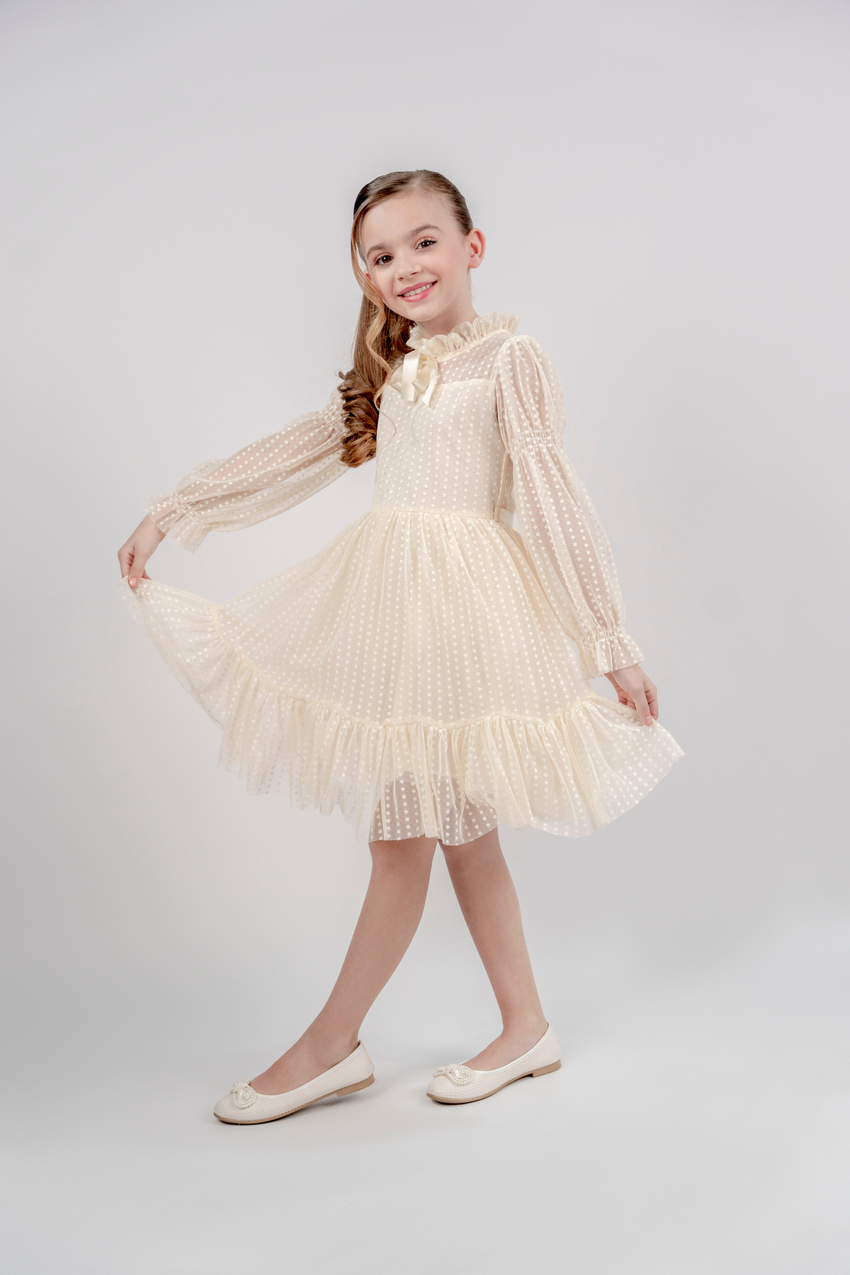 Eray Kids Puanlı Dantel Büzgülü Krem Arkası Fiyonk Detaylı Kız Çocuk ...