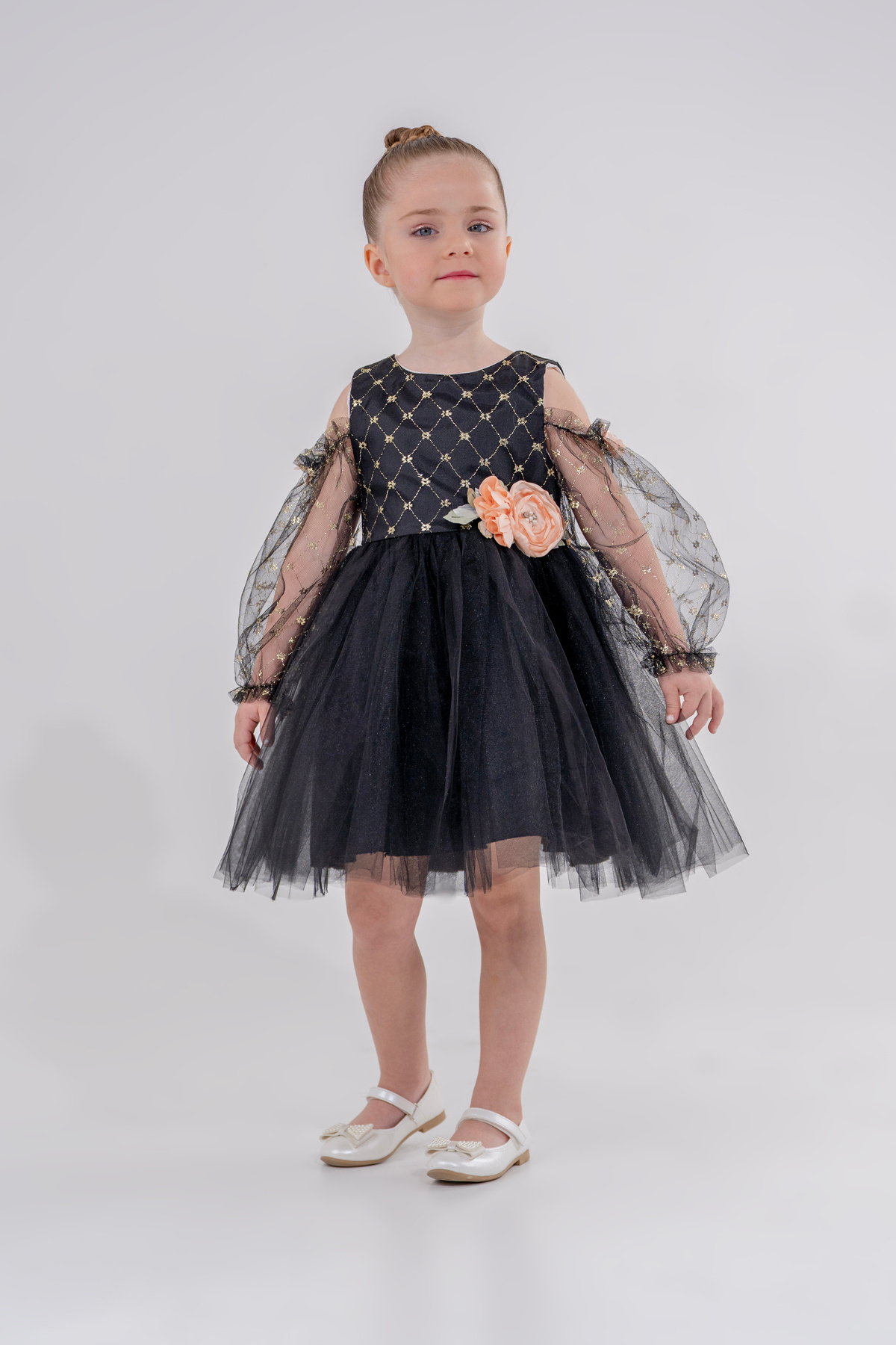 Eray Kids Kız Çocuk Abiye Elbise Simli Çiçek Detaylı Omzu Açık Tül ...