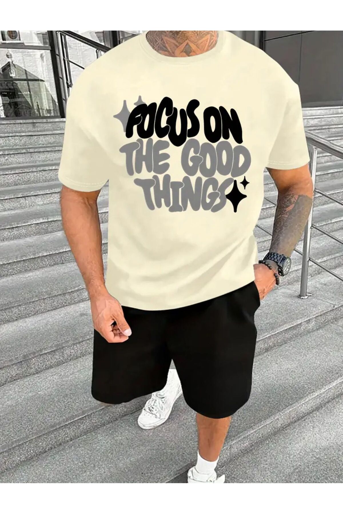 caddekombin Focus On Baskılı T-shirt Short Bol Paça Rahat Kalıp Siyah ...