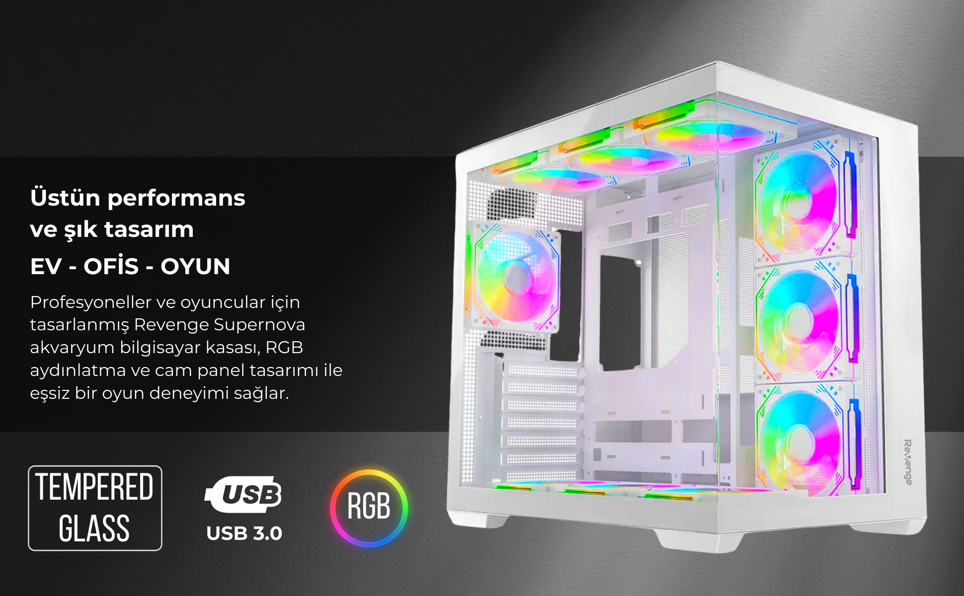 Revenge Kumandalı Beyaz Supernova 7 Rgb Fanlı Atx Temperli Cam Panel Akvaryum Gaming Bilgisayar ...