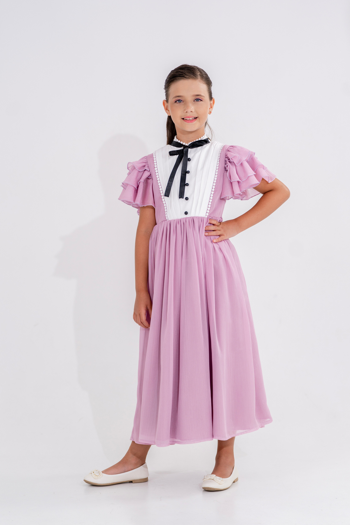 Eray Kids Kolları Fırfırlı Pileli Şifon Uzun Kız Çocuk Abiye Elbise ...