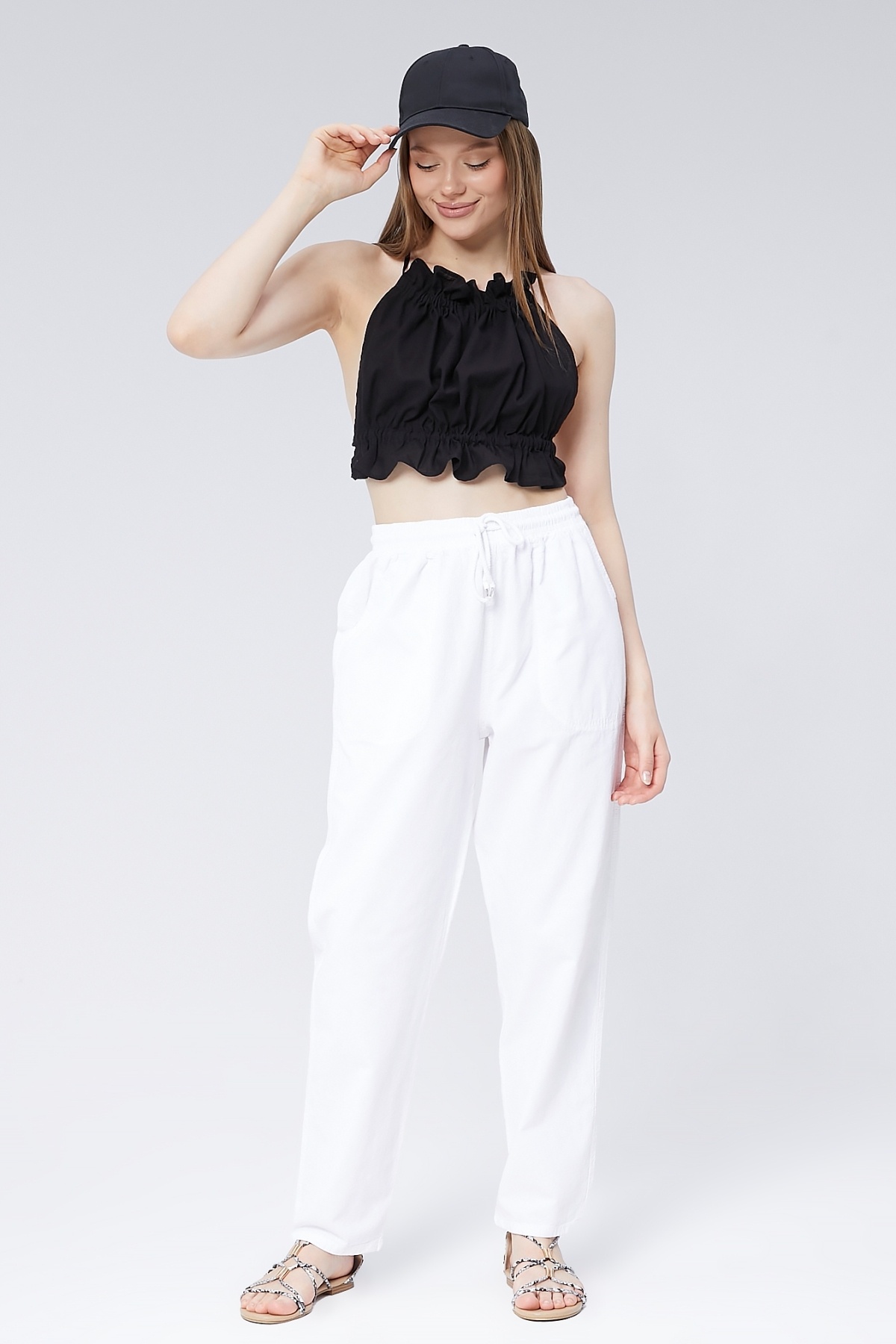 mh monaha Kadın Beyaz Yüksek Bel Beli Lastikli Keten Karışımlı %100 ...