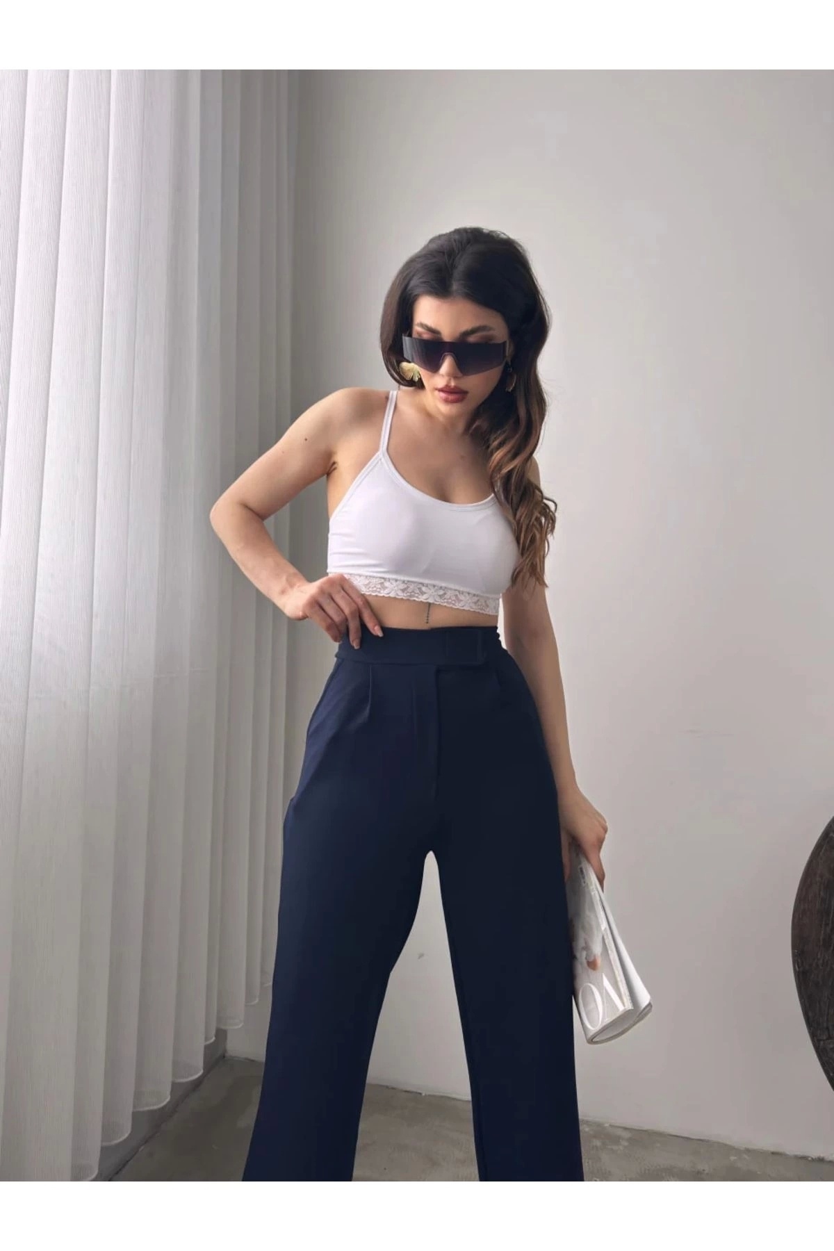 NO979 Kadın Lacivert Yüksek Bel Krep Kumaş Likralı Rahat Kesim Cırtlı Palazzo Pantolon - Fiyatı ...