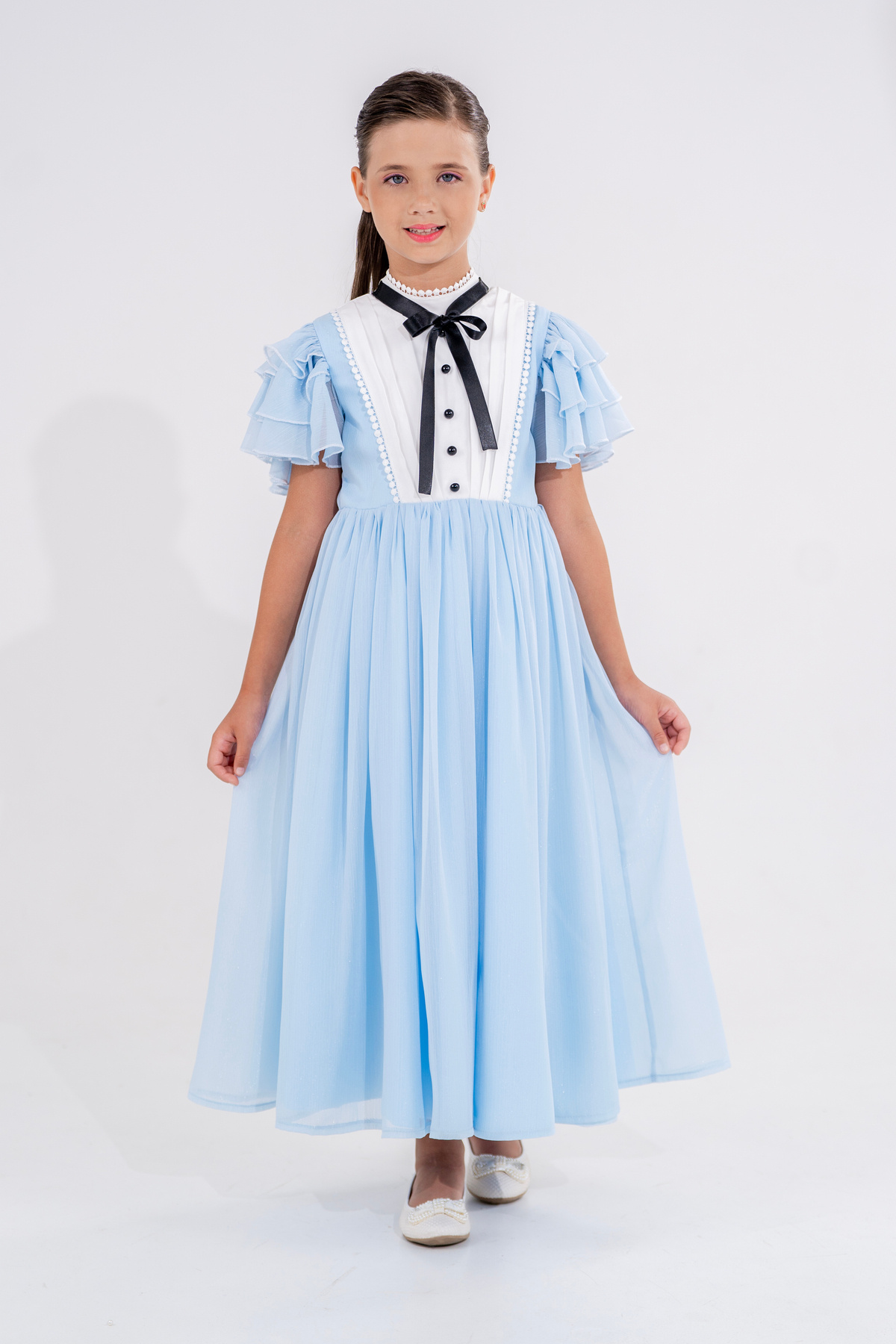 Eray Kids Kolları Fırfırlı Pileli Şifon Uzun Kız Çocuk Abiye Elbise ...