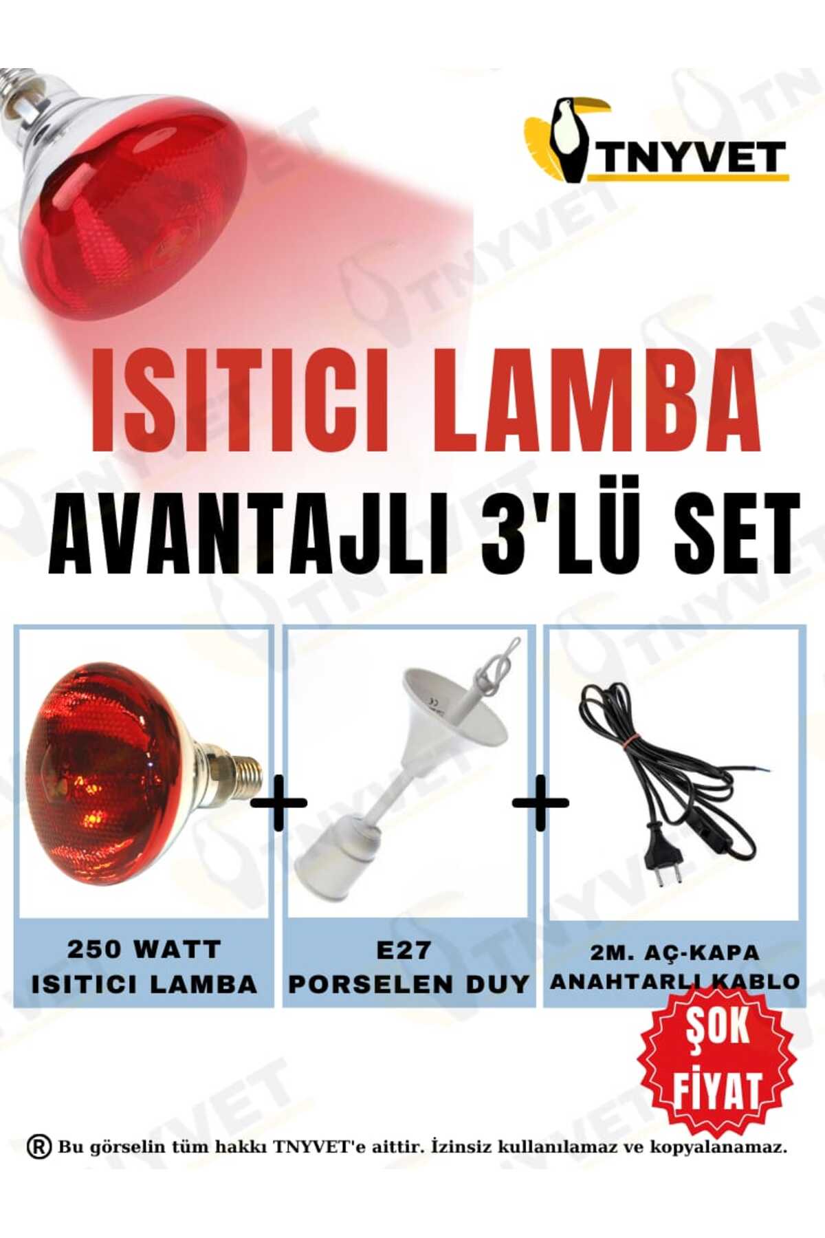 TNYVET ISITICI LAMBA 250 WATT + E27 SERAMİK DUY+2M FİŞLİ KABLO ...