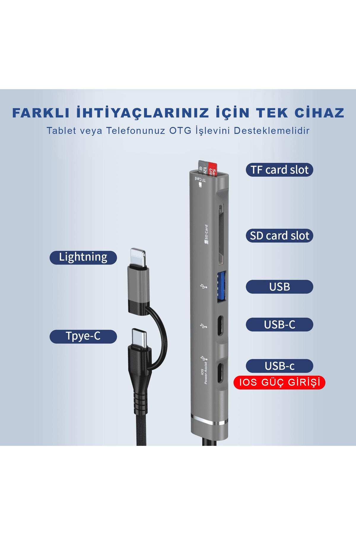 Techmaster Type-C lightning Pd Sd Tf Kart Okuyucu Usb 3.0 Hub Çevirici ...