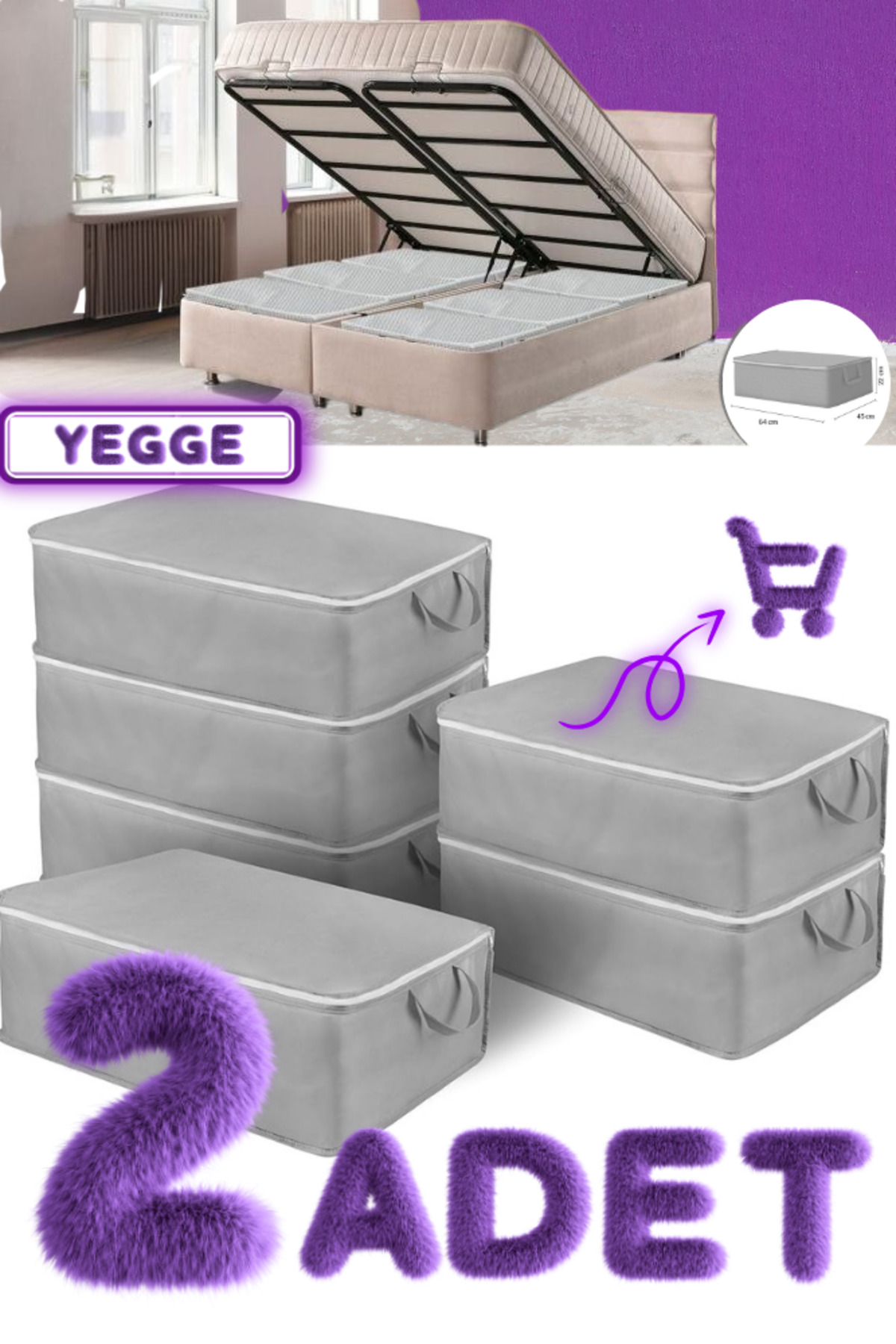 YEGGE 2 ADET Büyük Boy Bazaaltı ve Çekyat Hurç 64 X 45 X 22 Cm Antrasit ...