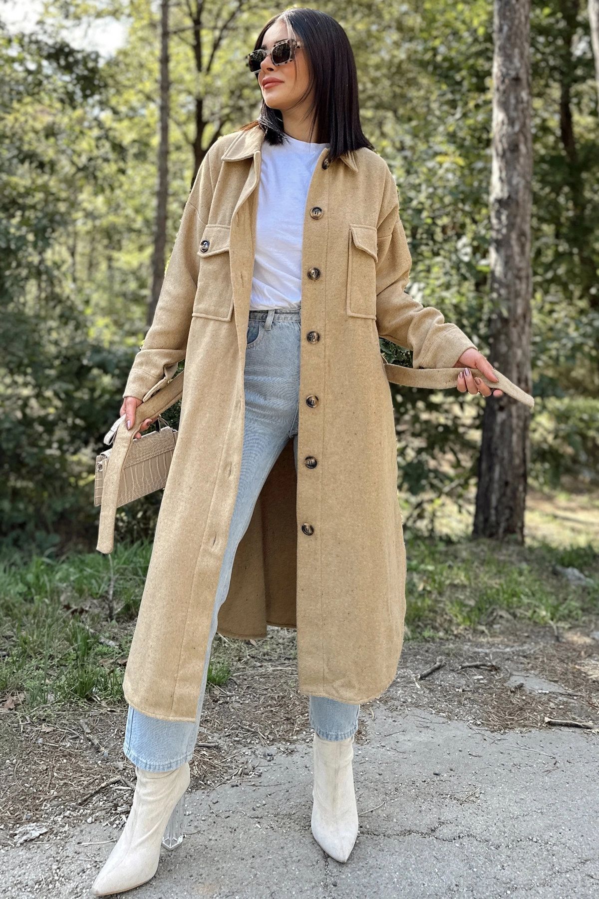 Juuuj Kadın Karamel Uzun Kol, Çift Cepli, Eteği Oval Kesim, Kemerli ...