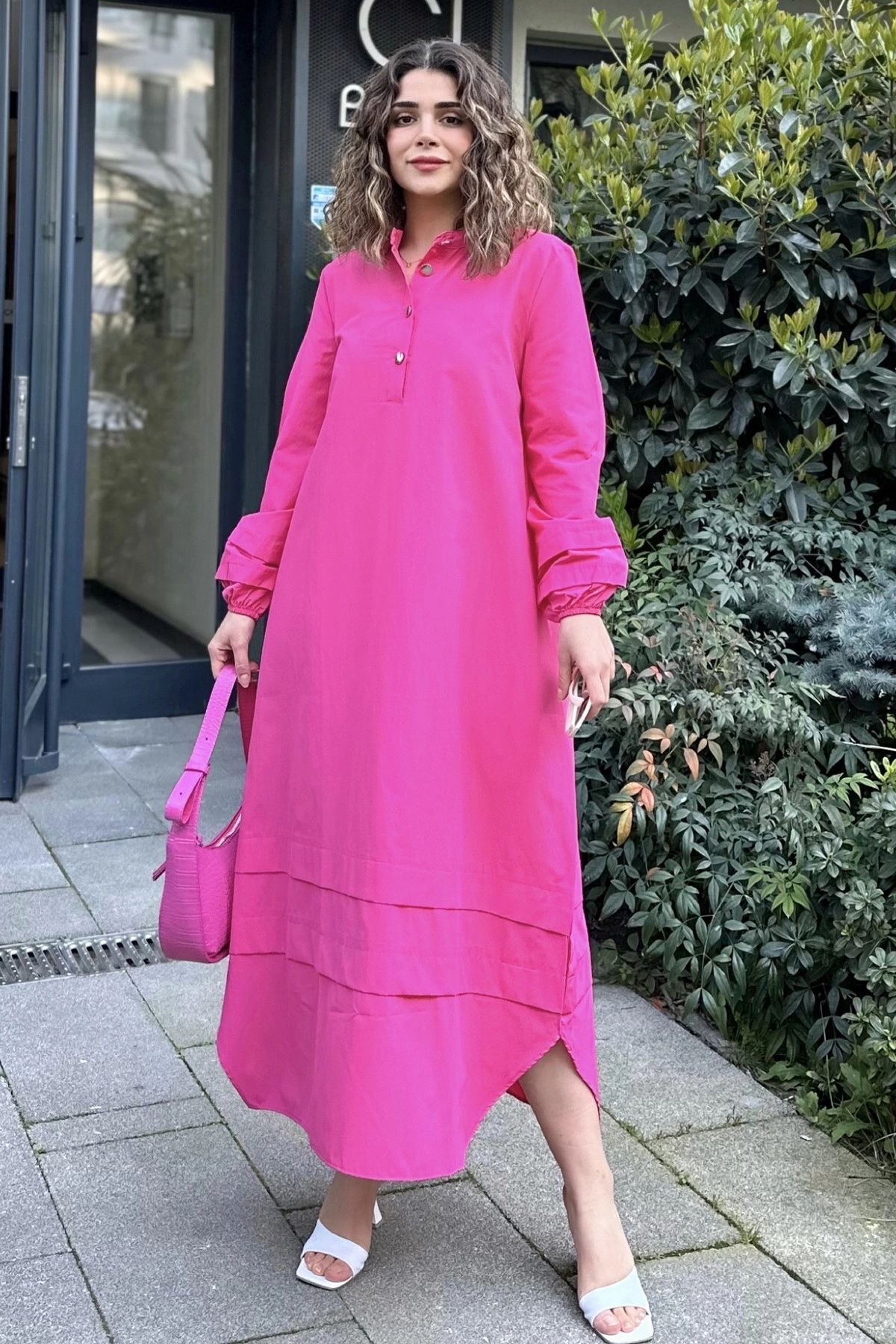 Juuuj Kadın Fuşya Hakim Yaka, Lastikli Balon Kol, Etek Ve Kolu Kat ...