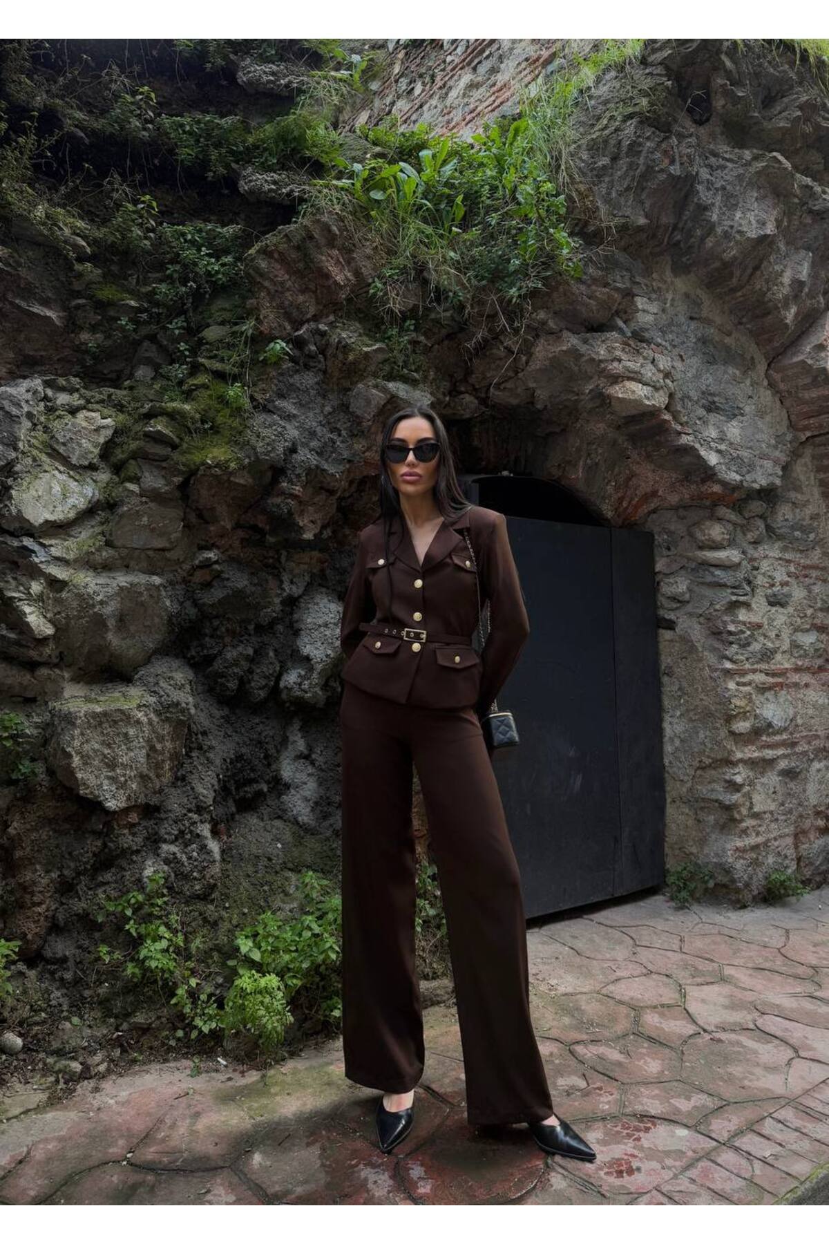 Rabury Butik Elizabeth Gold Detaylı Kemerli Blazer Ceket Palazzo ...