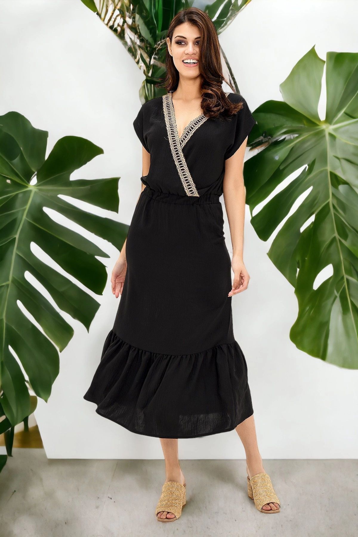 Juuuj Kadın Siyah Kruvaze Hasır Detaylı Kısa Kollu Regular Kesim Maksi ...