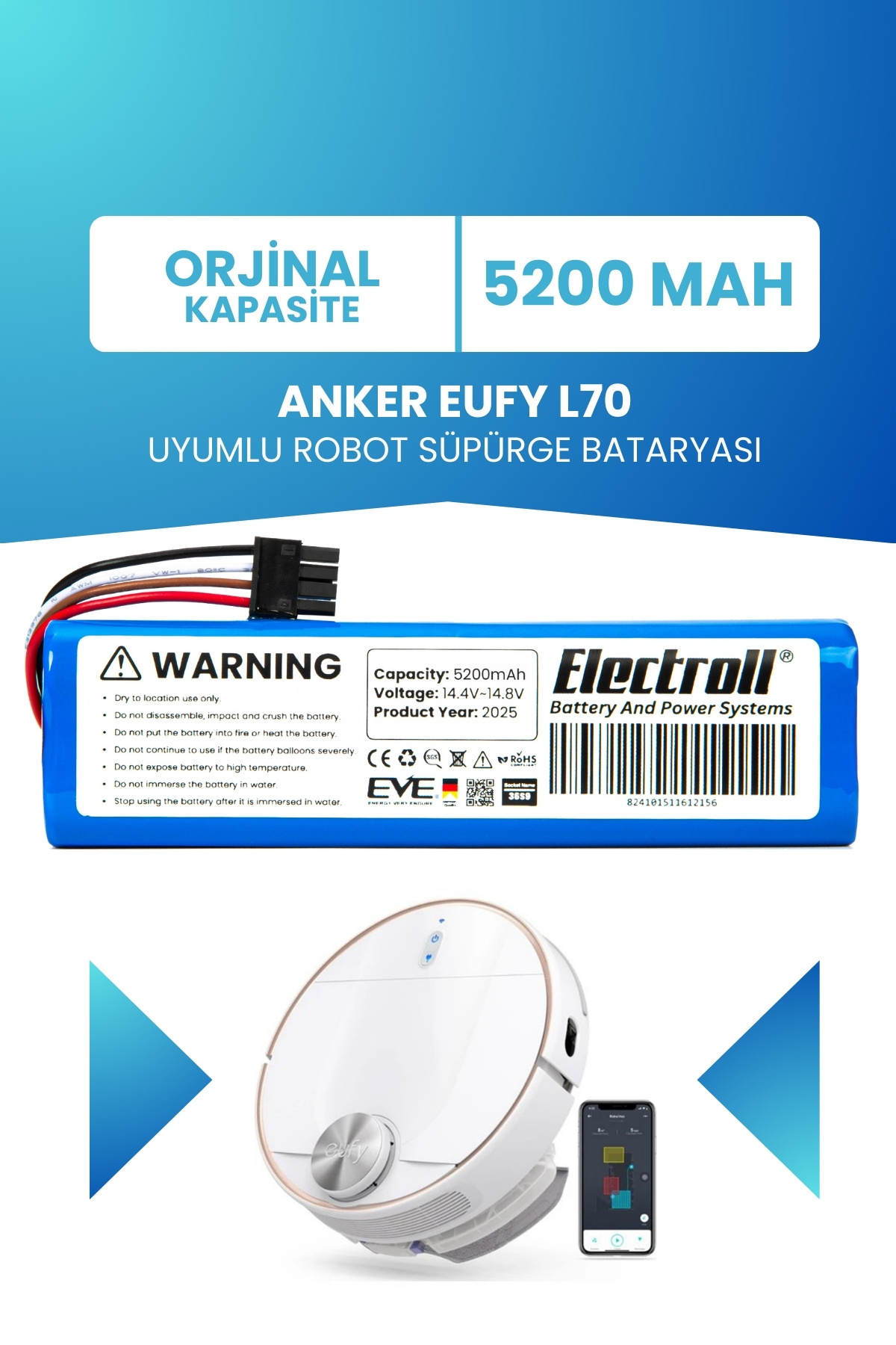 ELECTROLL Anker Eufy L70 Uyumlu Batarya (ORJİNAL KAPASİTE) 5200mah Pil Akıllı Robot Süpürge ...