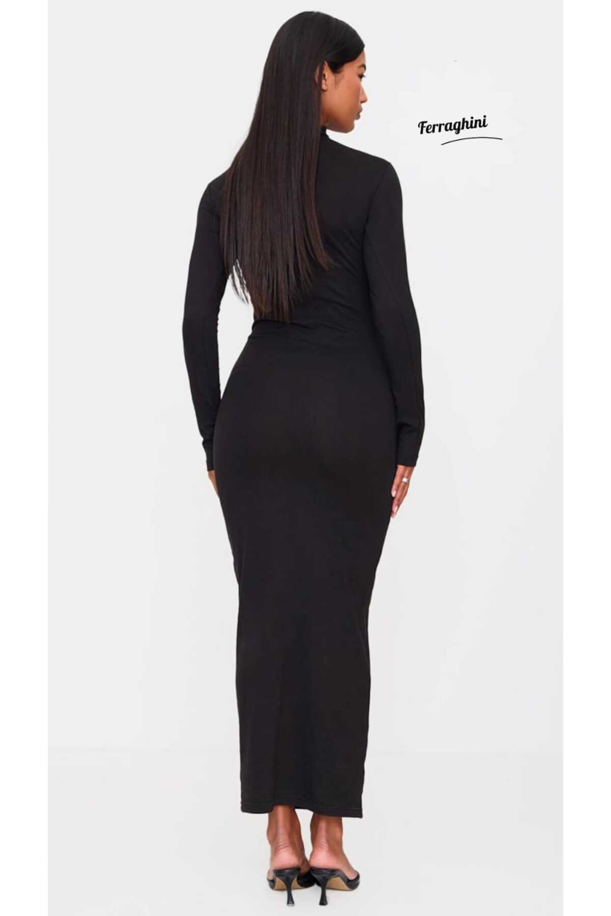 Ferraghini Kadın Siyah İpek Jarse Yarım Balıkçı Yaka Maxi Elbise ...