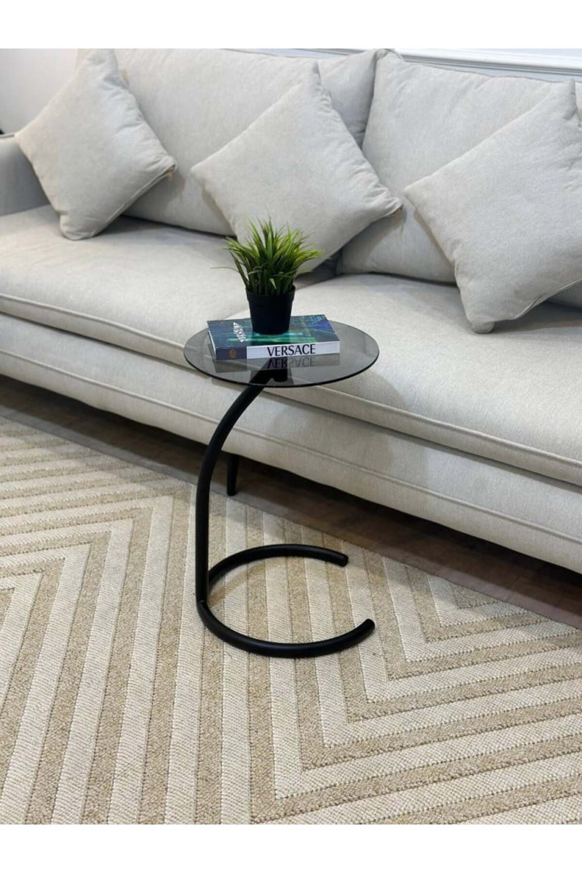 kafeny Sofa service table with black base and black glass- Trendyol