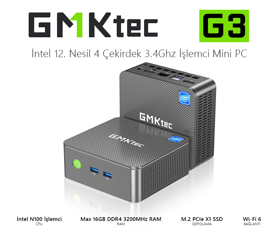 gmk GMKtec G3 Intel N100, 16GB DDR4, 512GB M.2 SSD, Wi-Fi6, BT 5.2, Win11 PRO Mini PC Fiyatı ...