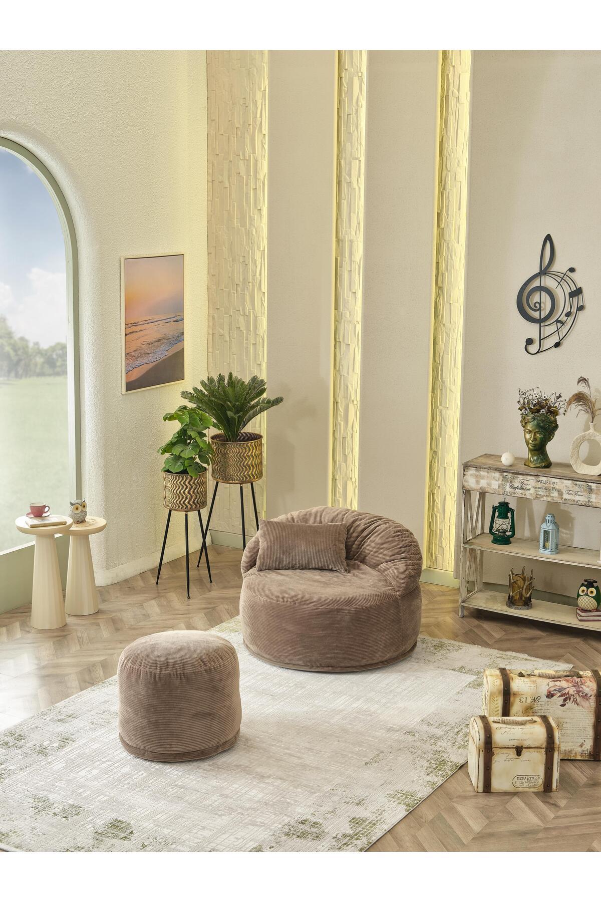 Huga Metal Puffy Puf Koltuk, Relax Koltuk, Tv Koltuğu, 3lü takım Berjer Puf Yastık Vizon Renk ...