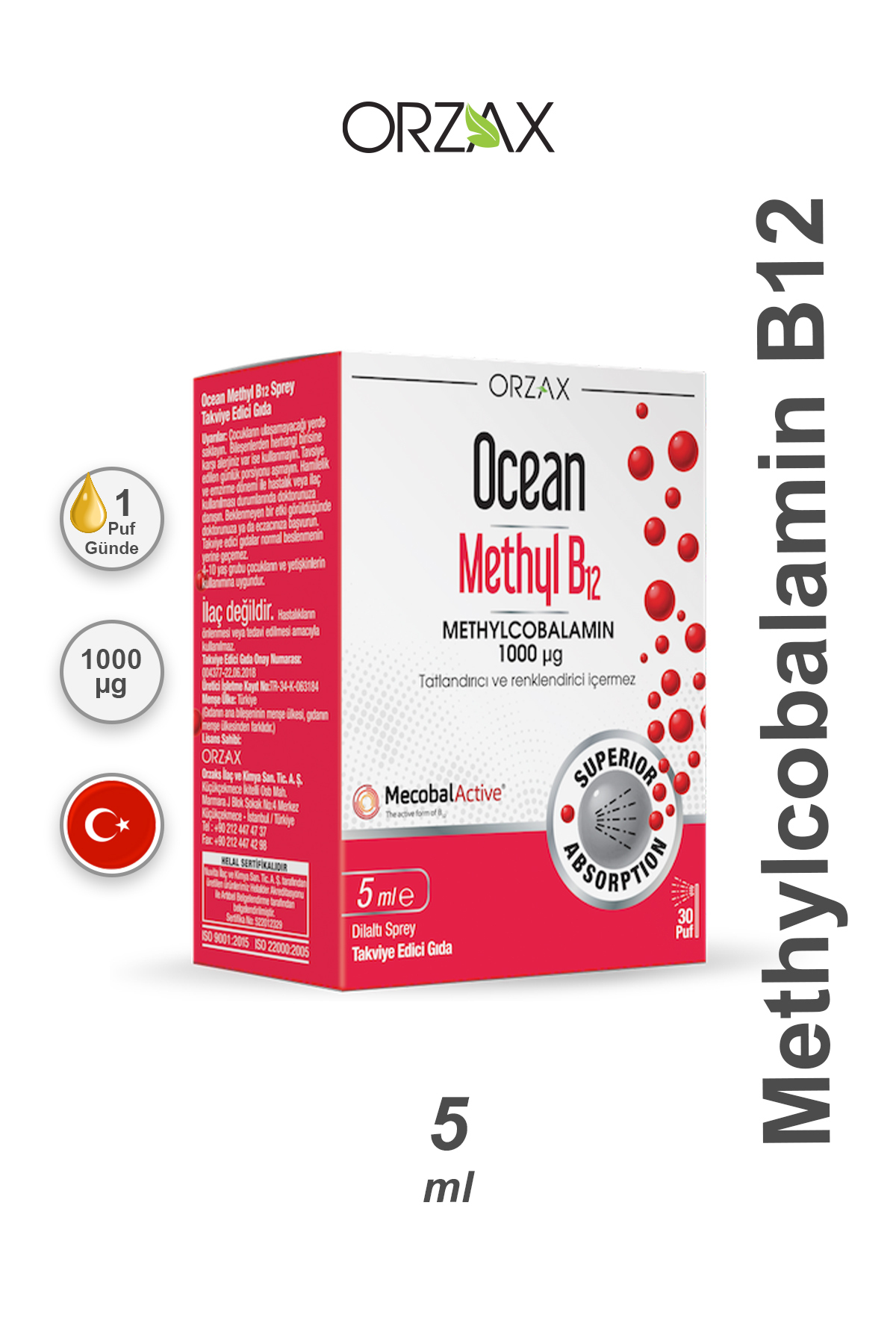 Orzax Ocean 1000 mg Methyl Cobalamin B12 Sprey 5 ml - Fiyatı, Yorumları