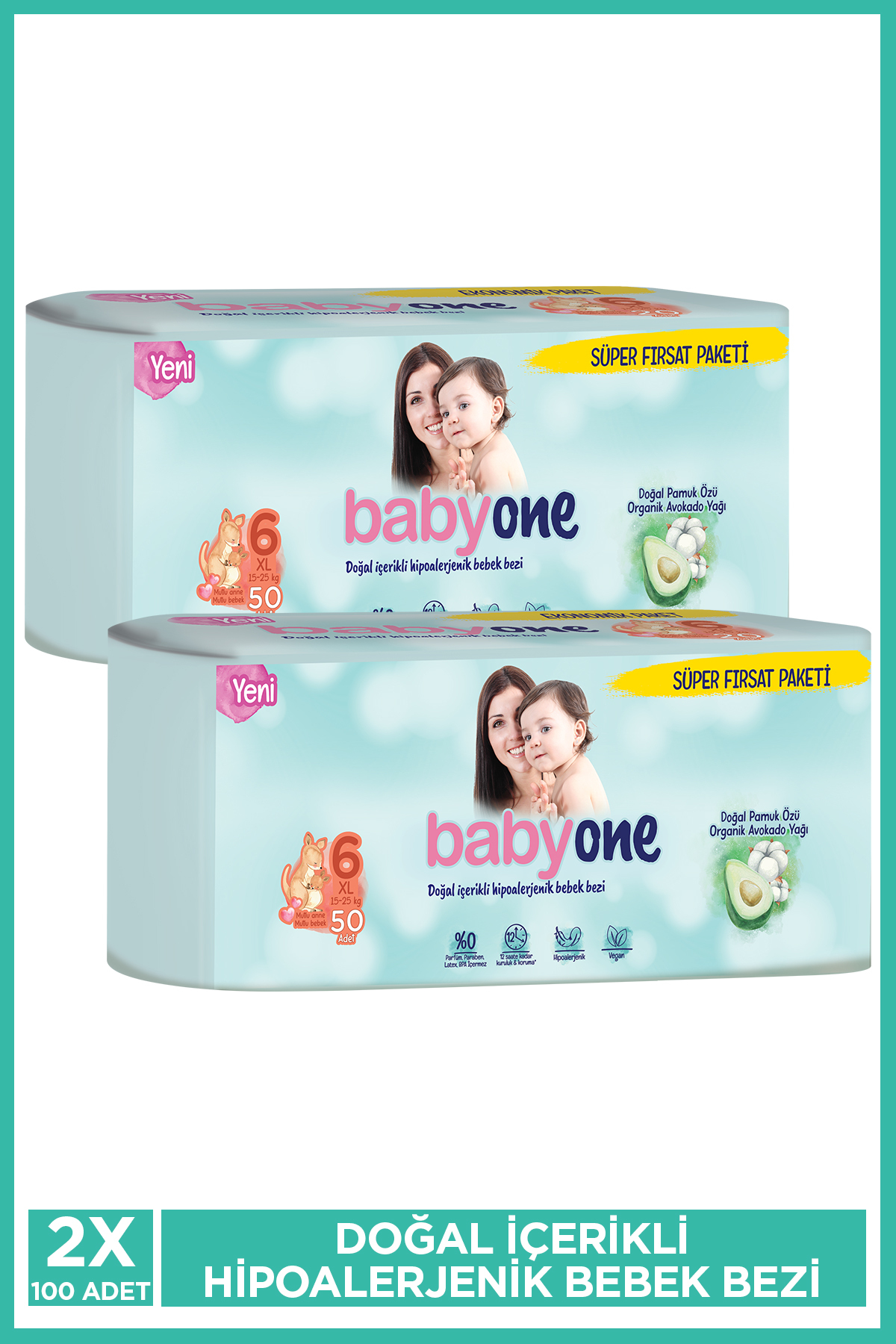 Babyone Bebek Bezi 6 Beden Large 15-25 kg 50x2'li Toplam 100 Adet ...