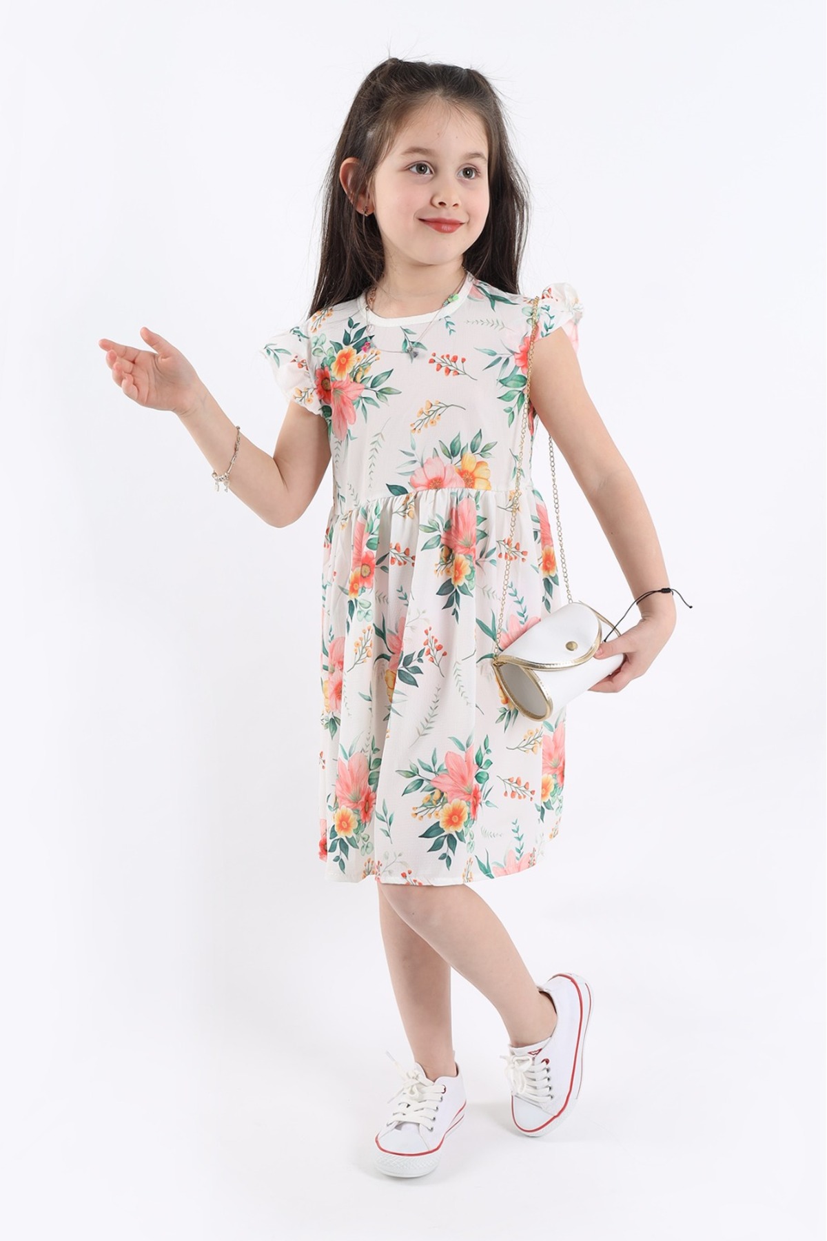 aden kids Çiçek Desenli Kız Çocuk Elbisesi - Krep Kumaş Çanta ...