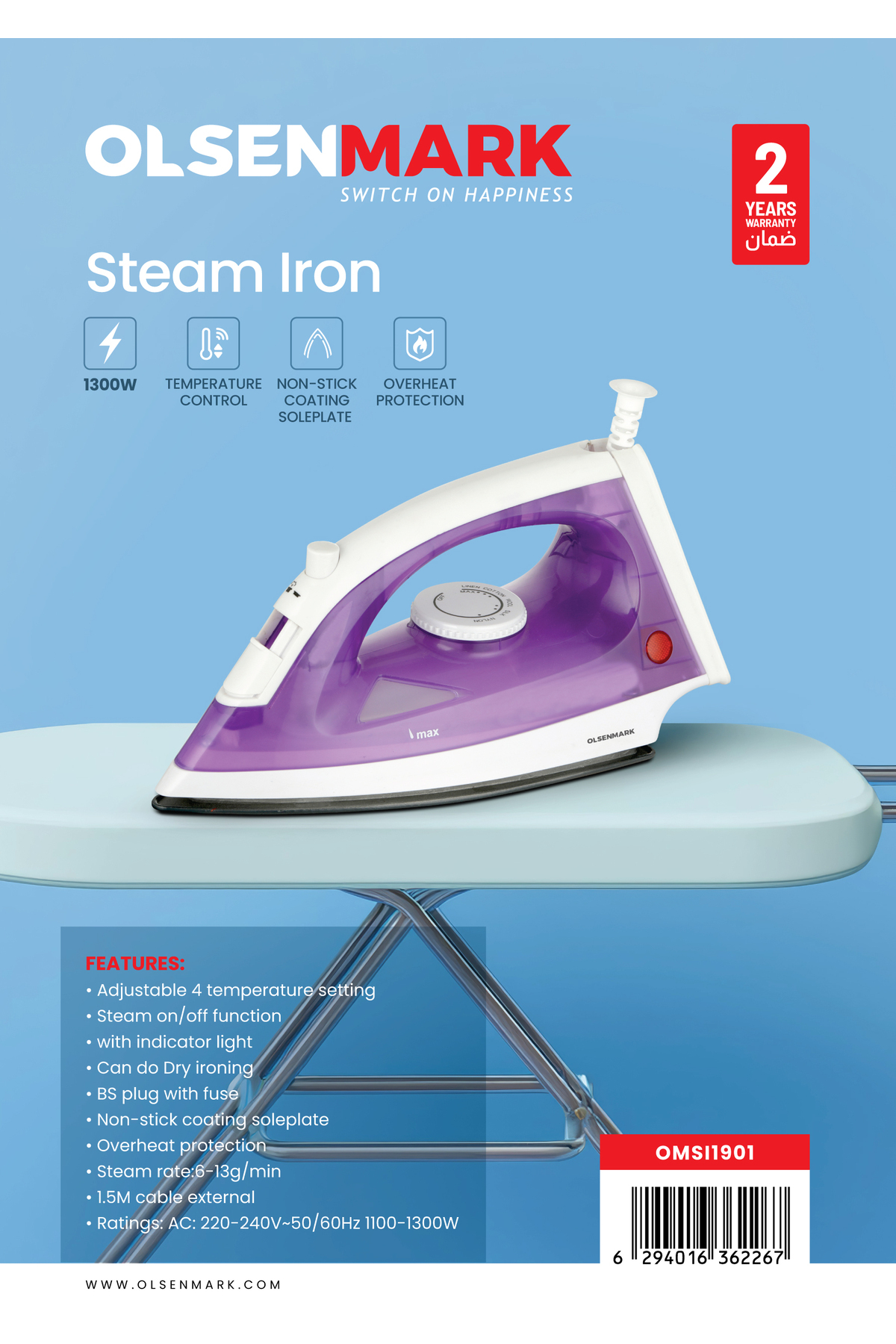 Olsenmark Steam Iron- OMSI1901/ also Dry Ironing Box with Nonstick ...