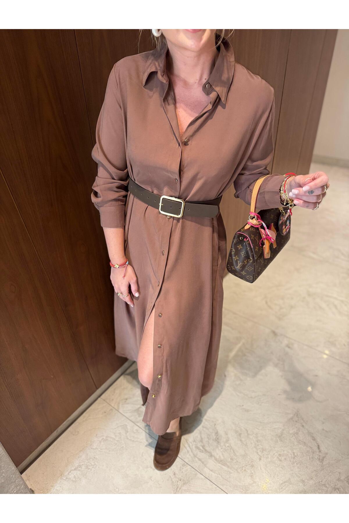 begum mayda Kemerli , Lyocell Modal , Kahverengi , Gömlek Elbise ...