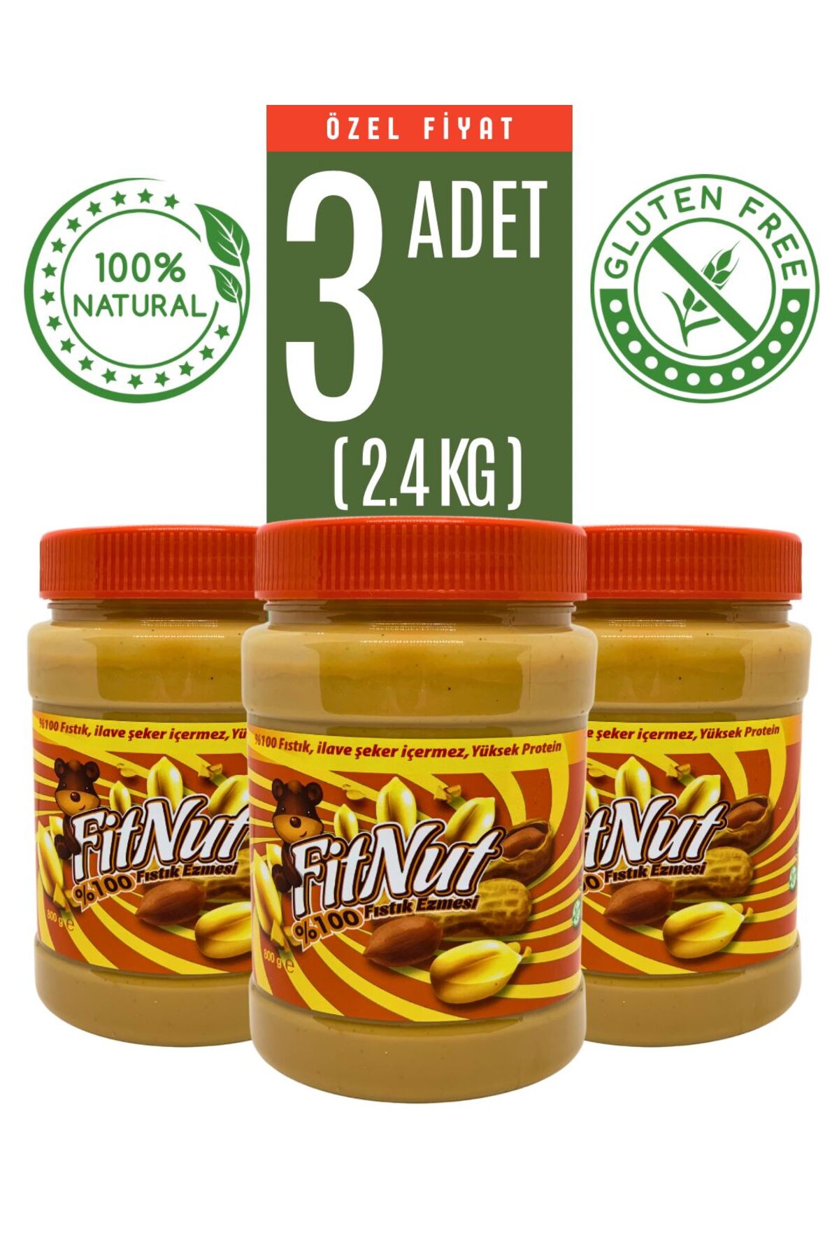 FitNut % 100 Fıstık Ezmesi (3 X 800 GR - 2.4 kg) - Fiyatı, Yorumları