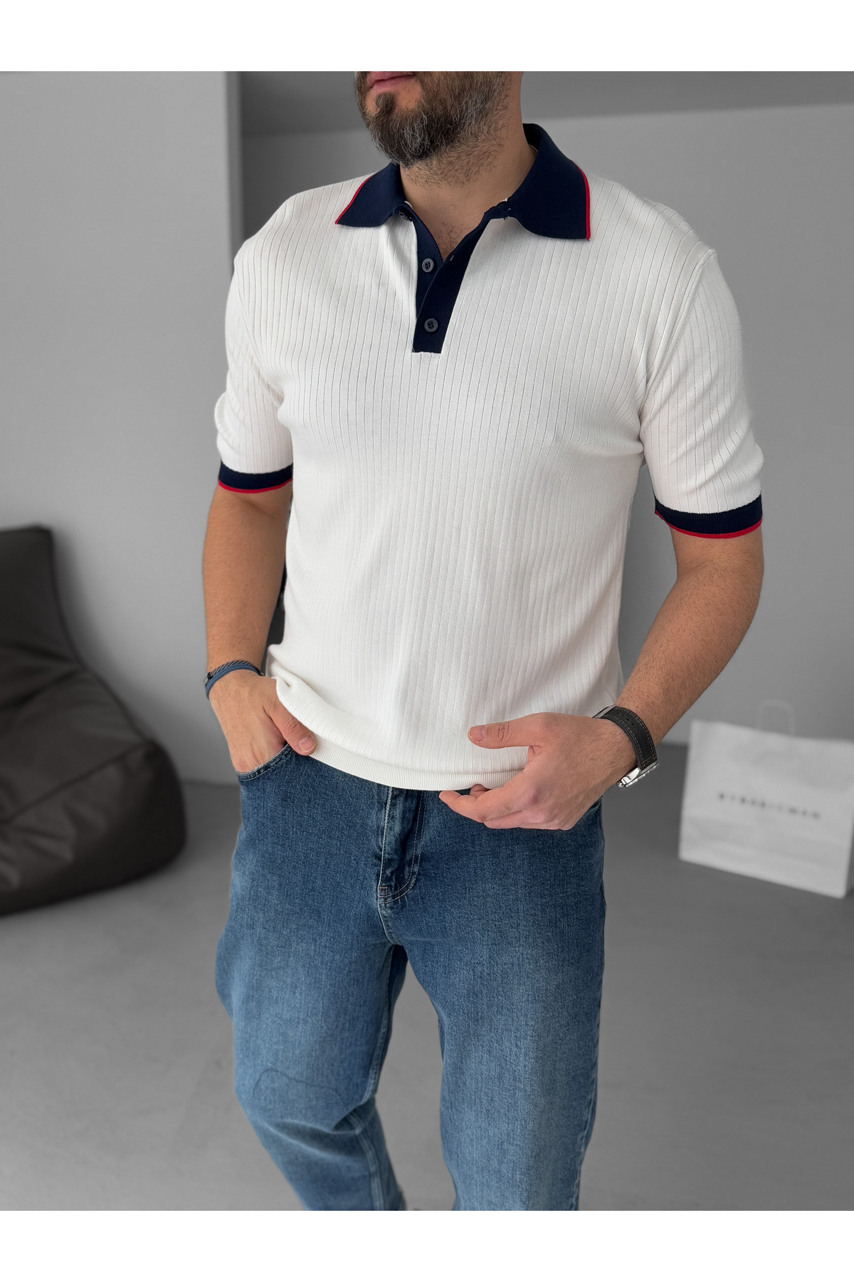 BYBASICMAN Beyaz Kontrast Yaka Düğmeli Triko T-Shirt YP-5001 - Fiyatı ...