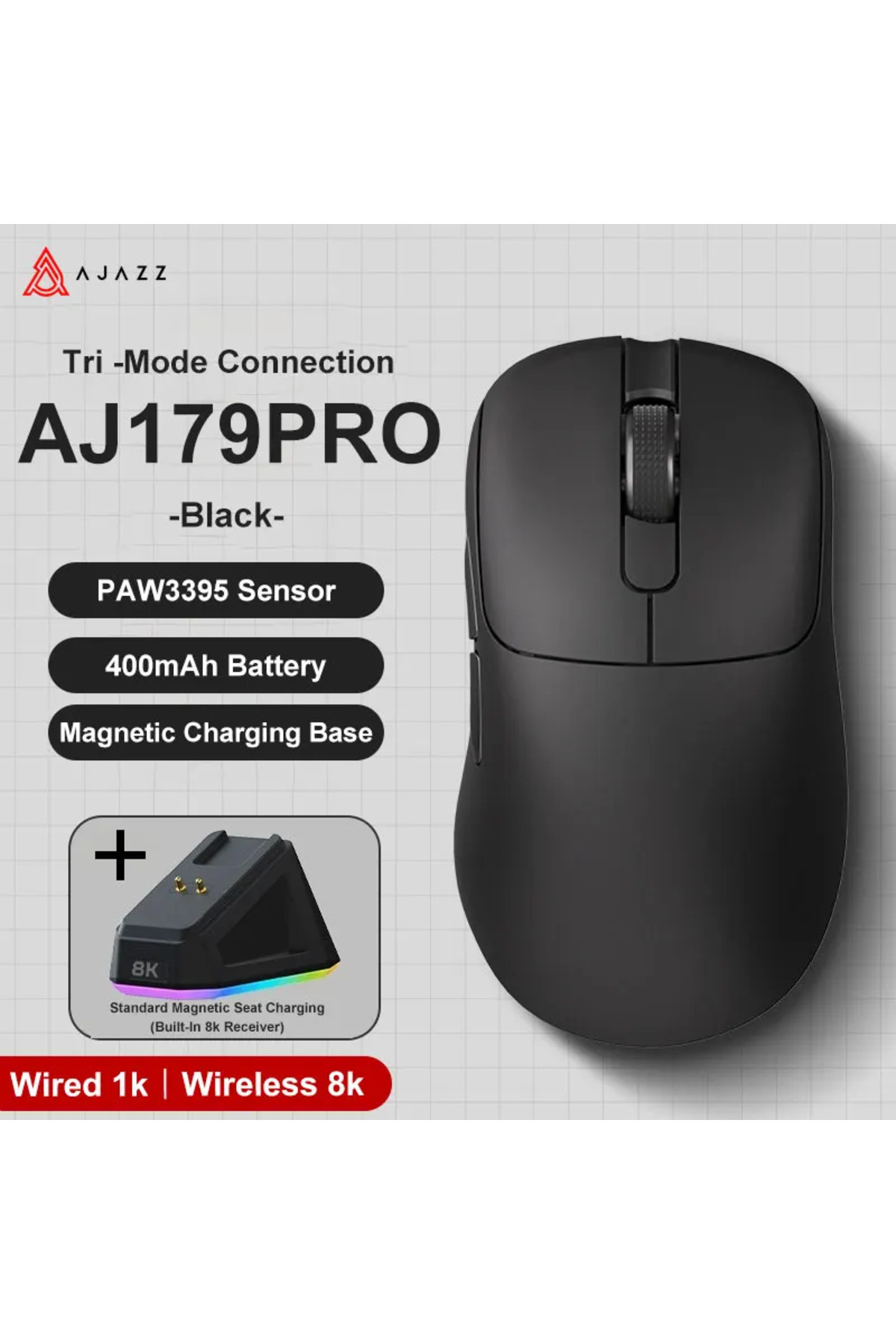 Coverzone AJAZZ AJ179 PRO 3 Modlu 8000Hz 26.000 DPI Manyetik Şarj İstasyon PAW 3395 Optik Sensör ...