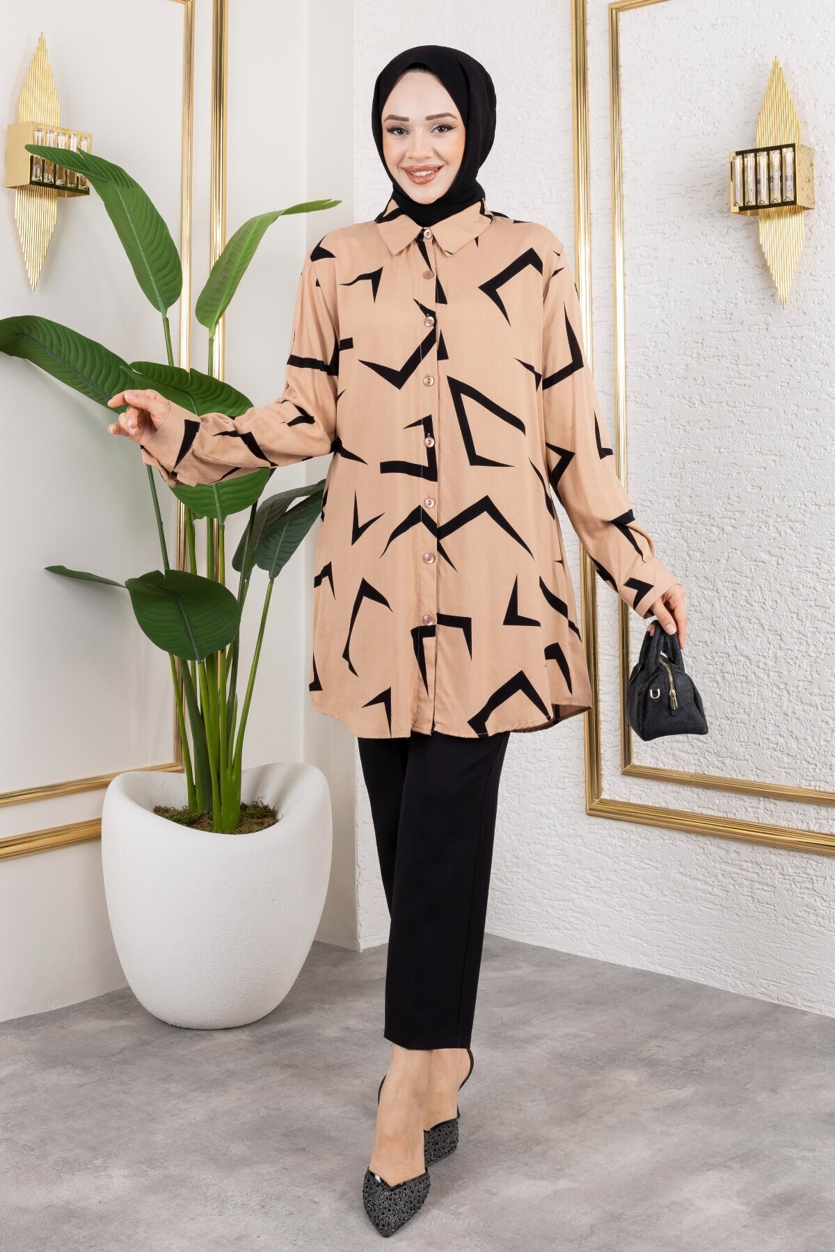 QUMEX Kadın Gömlek Yaka Desenli Boydan Düğmeli Kol Manşetli Uzun ...