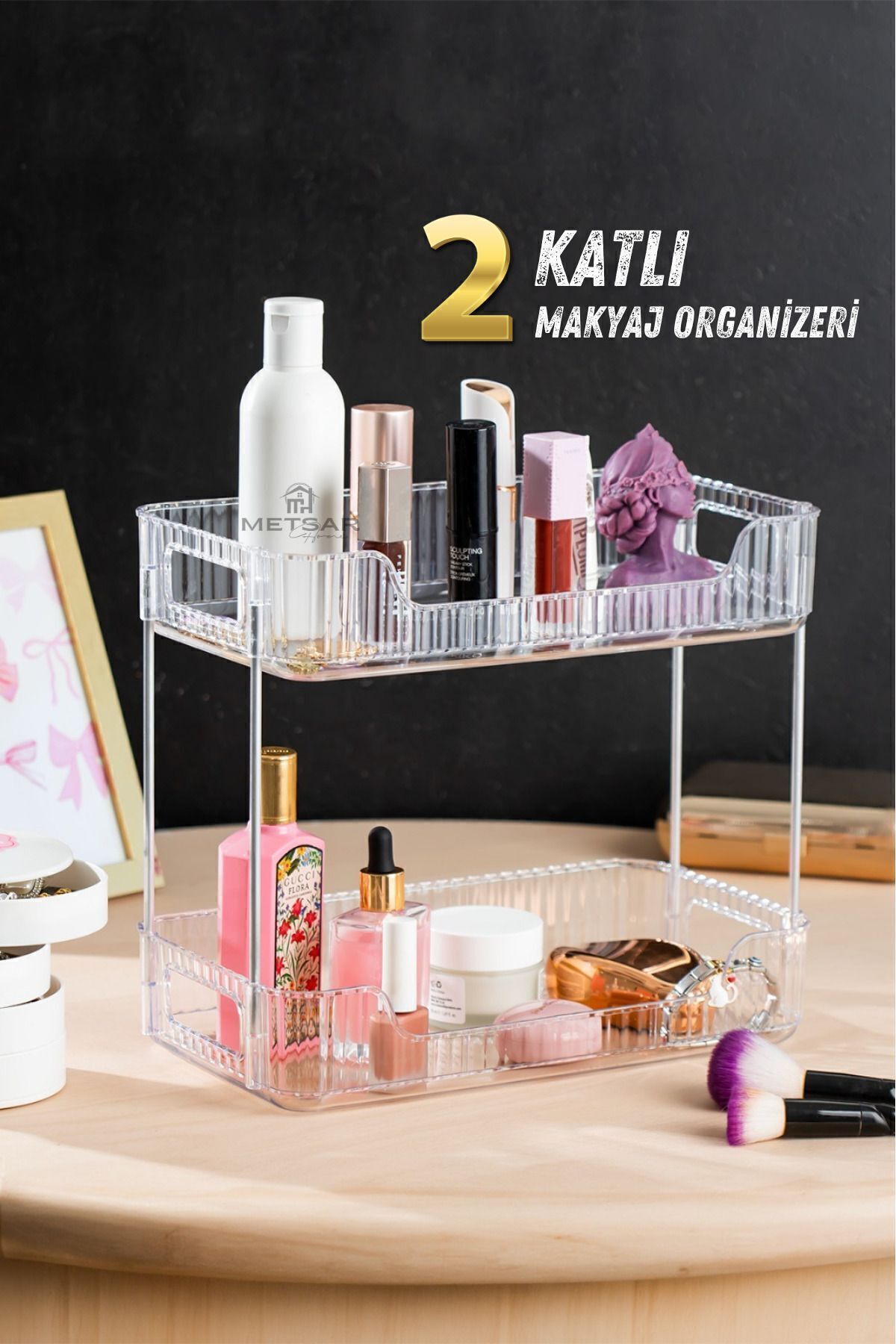 Metsar Home 2 Katlı Kristal Plastik Makyaj Organizeri ,metal Ayaklı ...