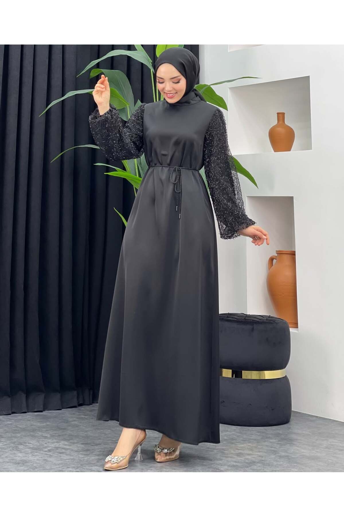 Robyan Lia Balon Kollu Şık Saten Elbise İnce Kemerli - Fiyatı, Yorumları