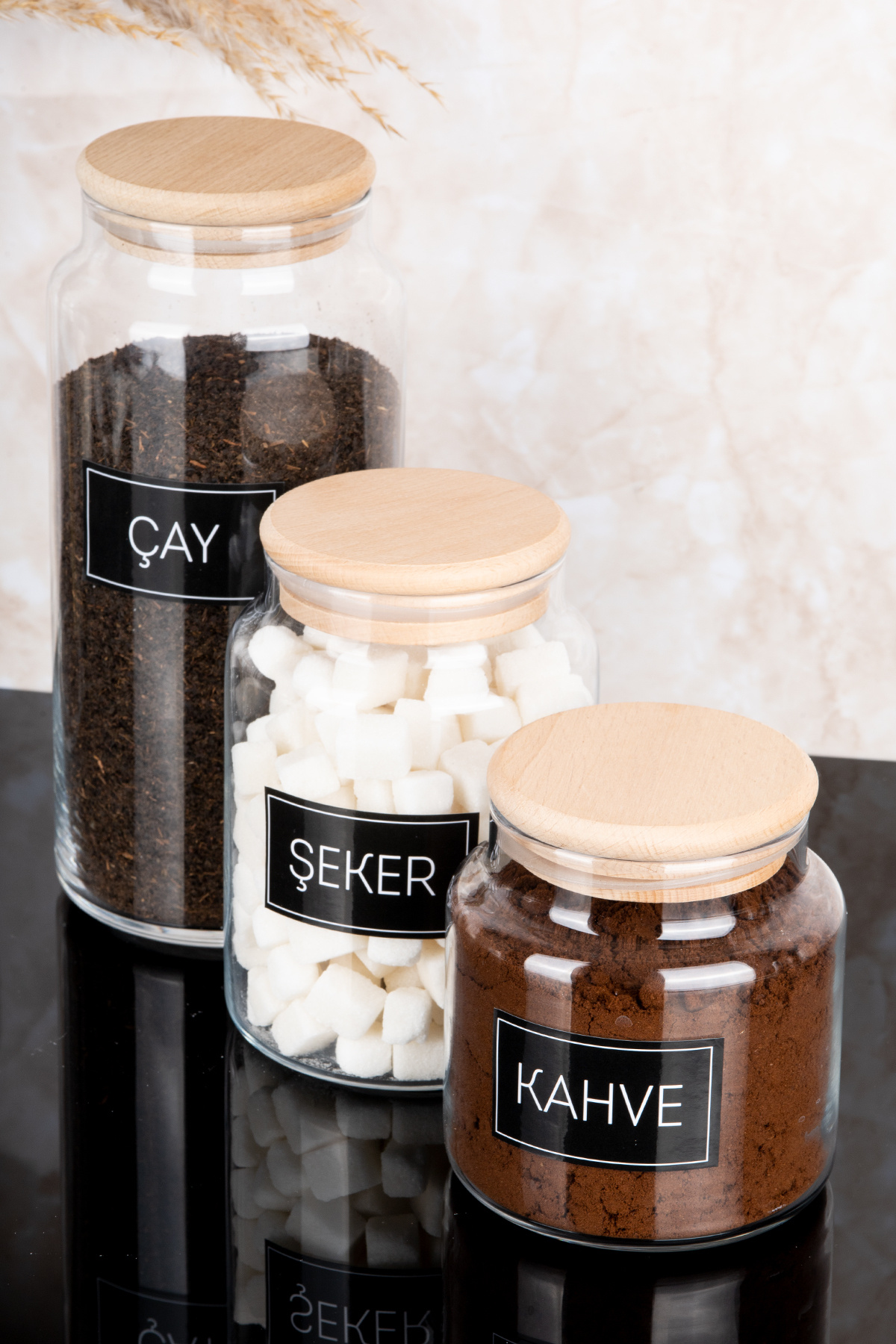 Dolkin Home 3'lü Ahşap Vakum Kapaklı Çay Şeker Kahve Etiketli 3 Boy Cam ...