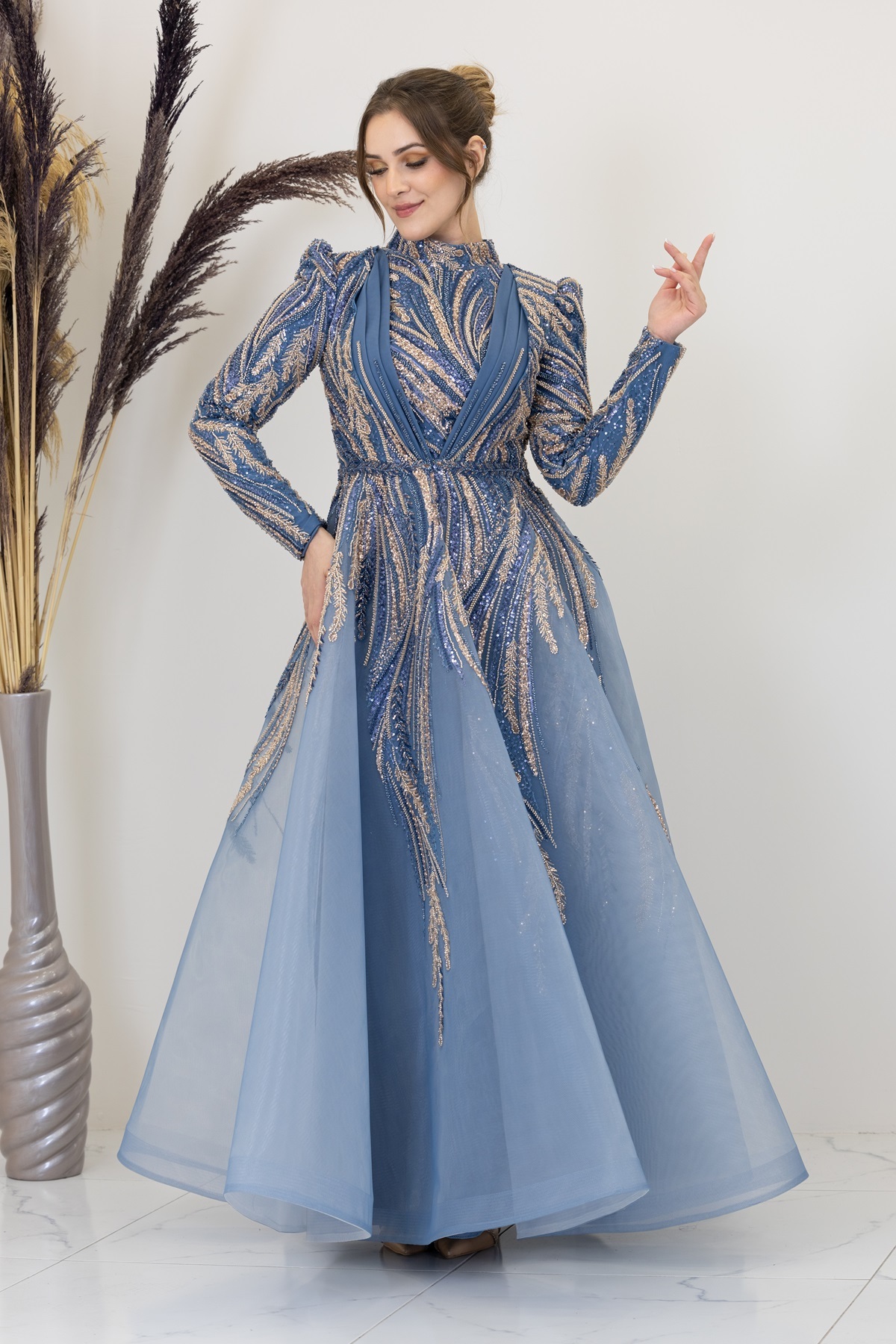 Surikka Front Draped Applique Embroidered Cube Evening Dress- Trendyol
