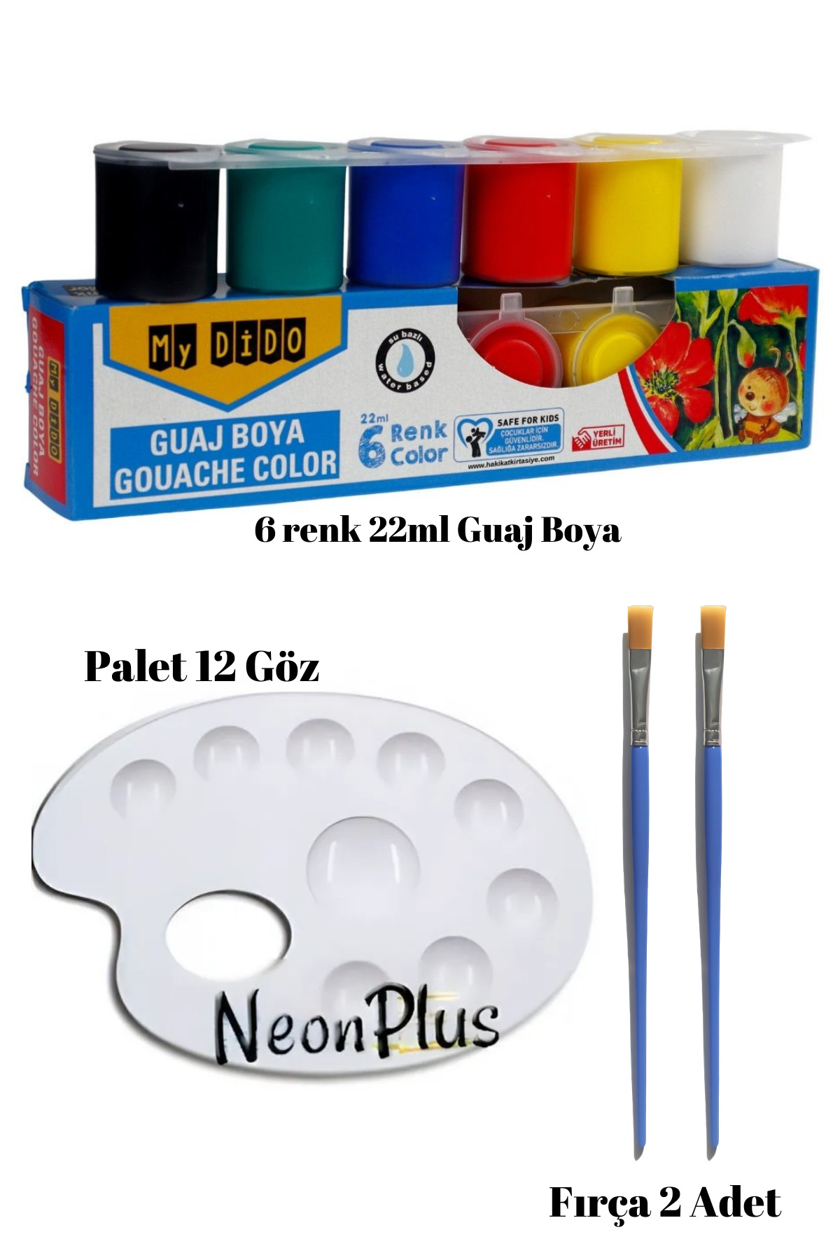 NEON PLUS Guaj boya 6x22ml, Resim Palet, Fırça, Boyama Etkinlik Seti ...