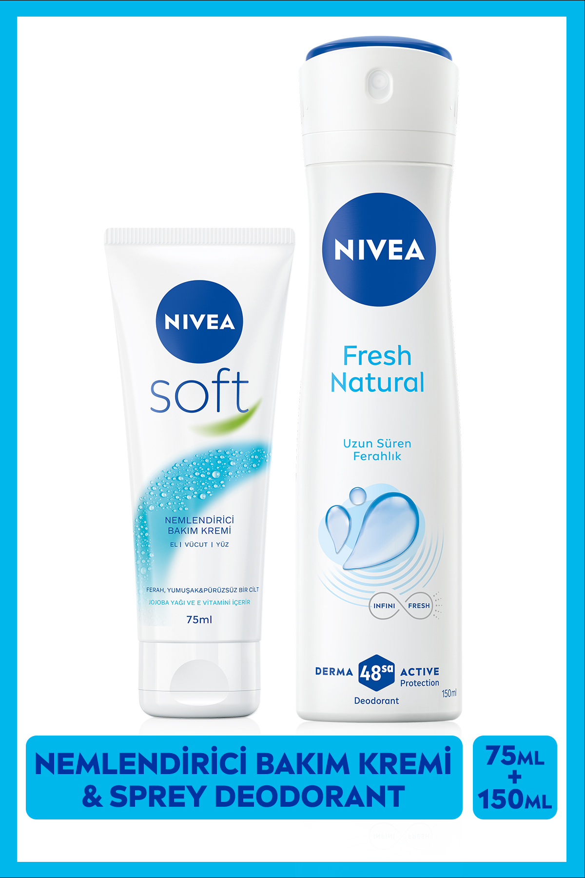 NIVEA Soft Nemlendirici Bakım Kremi 75ml ve Kadın Sprey Deodorant Fresh Natural 150ml, Ter ...