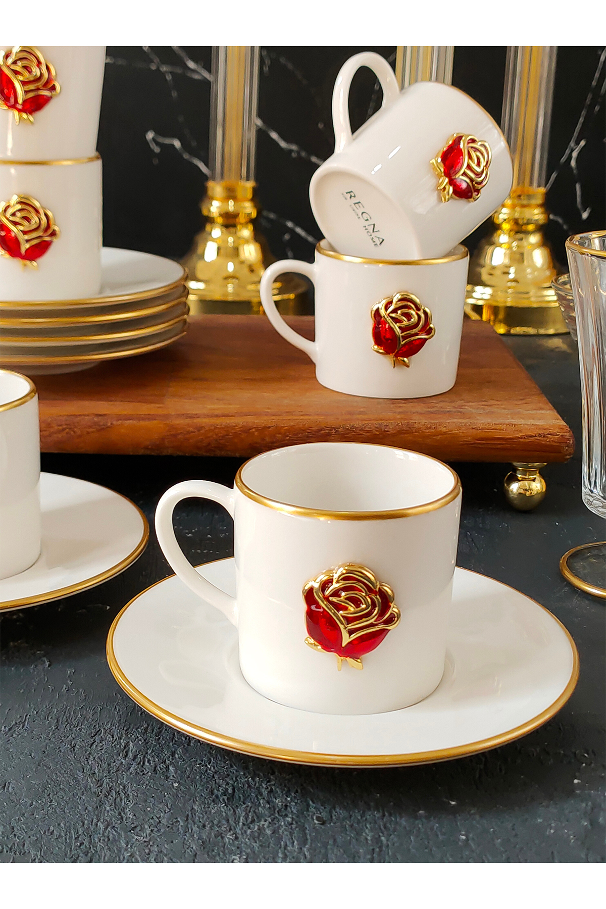 REGNA HOME Fine Living Love Roses 12 Parça 6 Kişilik Yaldızlı Porselen ...