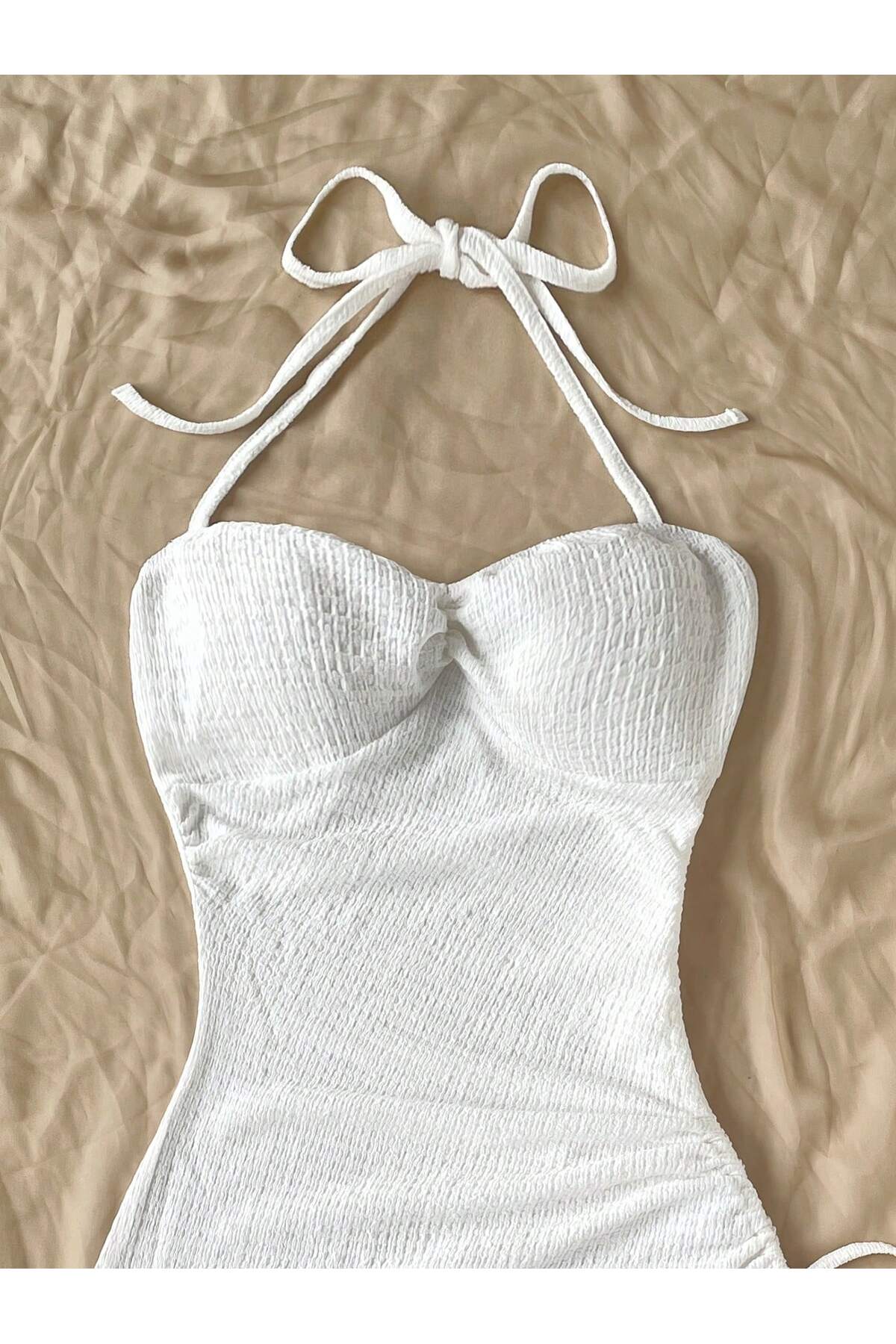 WEEST MODA Beyaz Elbise Kadin Tatil Halter Bagaikli Bagcikli Dokulu ...