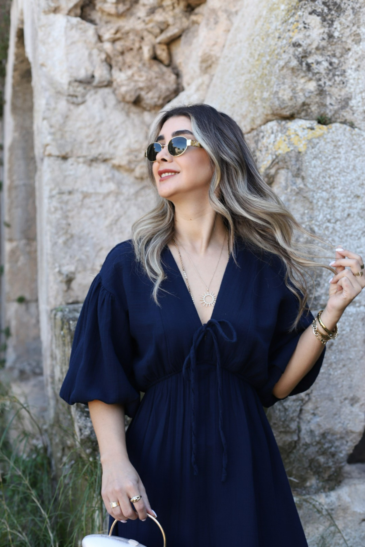 bytugcekaya Lacivert Balon Kol Müslin Elbise - Fiyatı, Yorumları