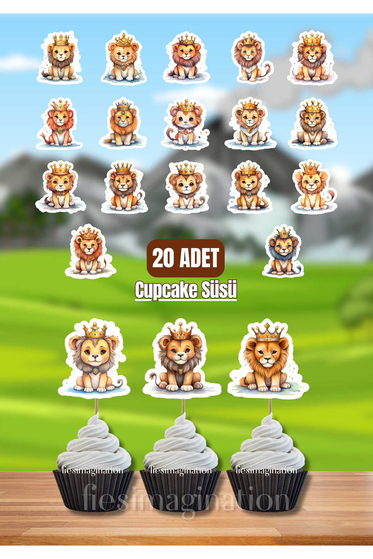fiesimagination Aslan Safari Konsept Cupcake Süsü 20 Adet *Kalın Kağıt ...