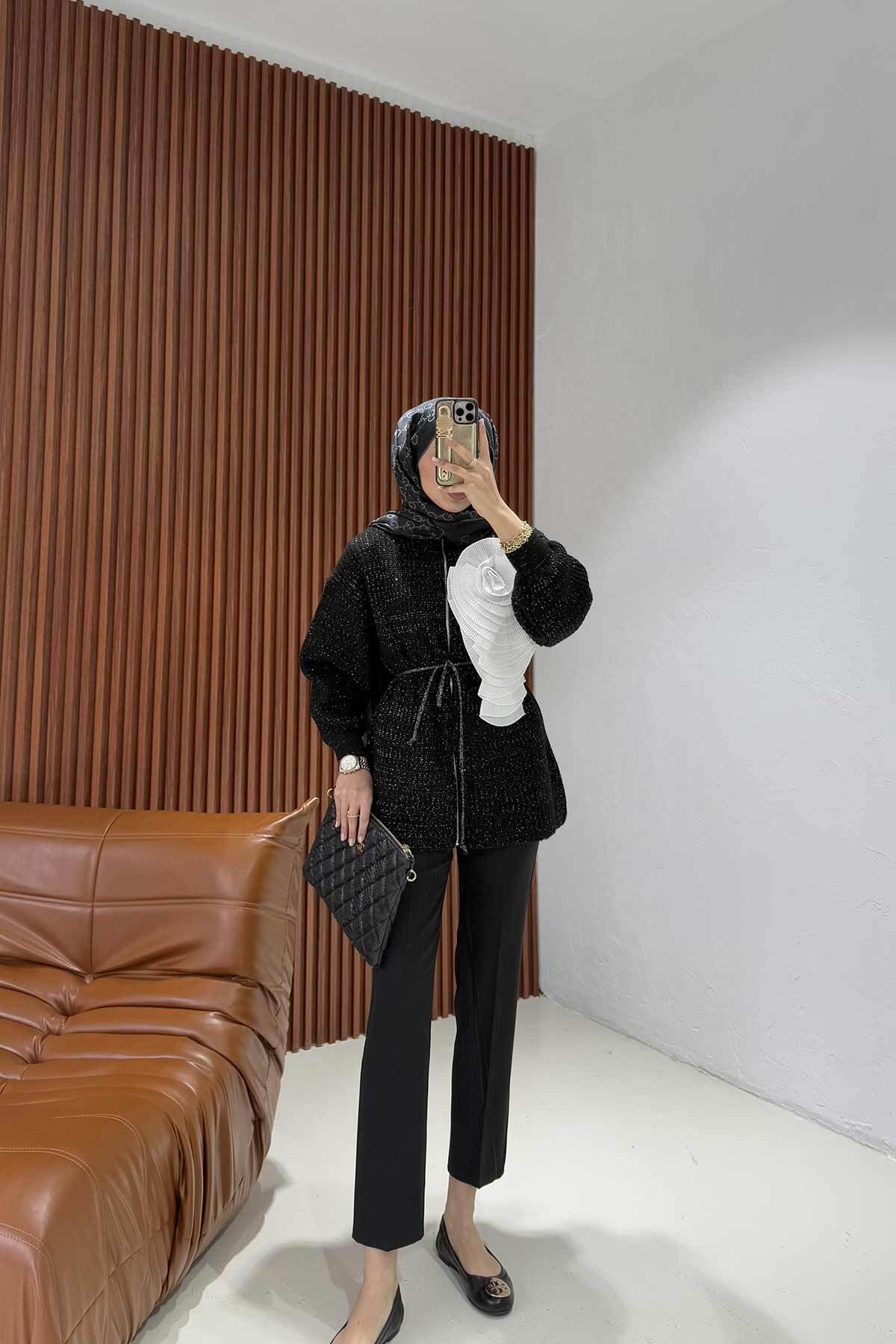 Melike Tatar SİYAH Çiçekli Tirko Hırka 32-7015 - Fiyatı, Yorumları