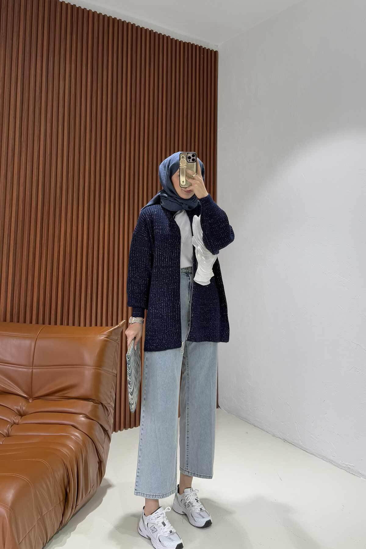 Melike Tatar LACİVERT Çiçekli Tirko Hırka 32-7015 - Fiyatı, Yorumları