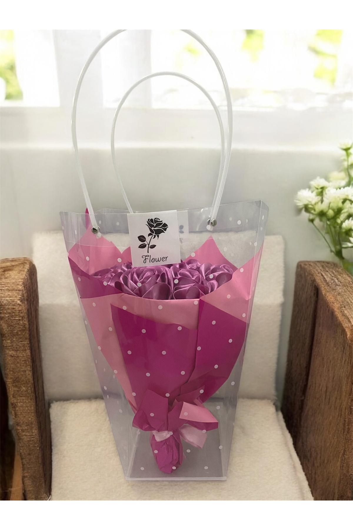 Baalaa Beyaz saplı şeffaf pvc çanta kaplı gül buketi-Yapay çiçek ...