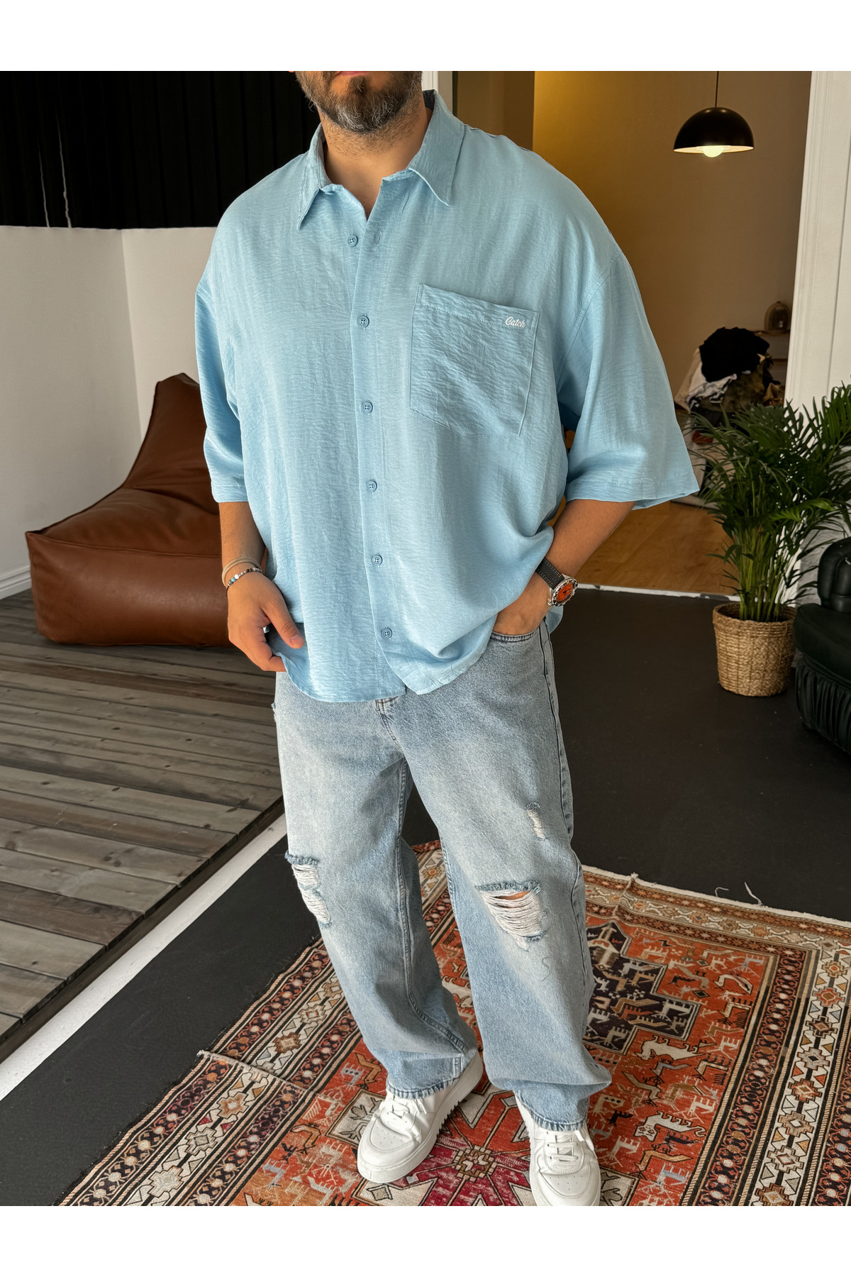 BYBASICMAN Açık Mavi Kısa Kollu Cepli Pamuk Gömlek C-1695 - Fiyatı ...