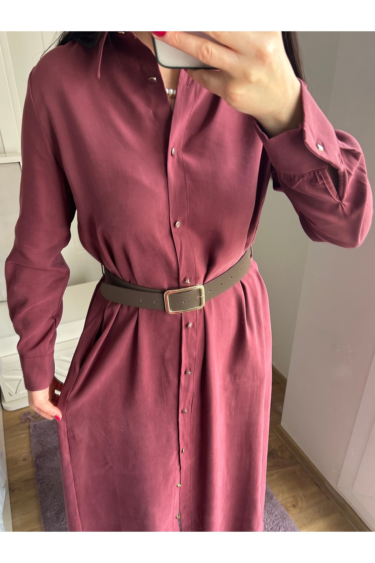 fikoşş Fıkoşş Bordo Kemerli Gömlek Elbise - Fiyatı, Yorumları