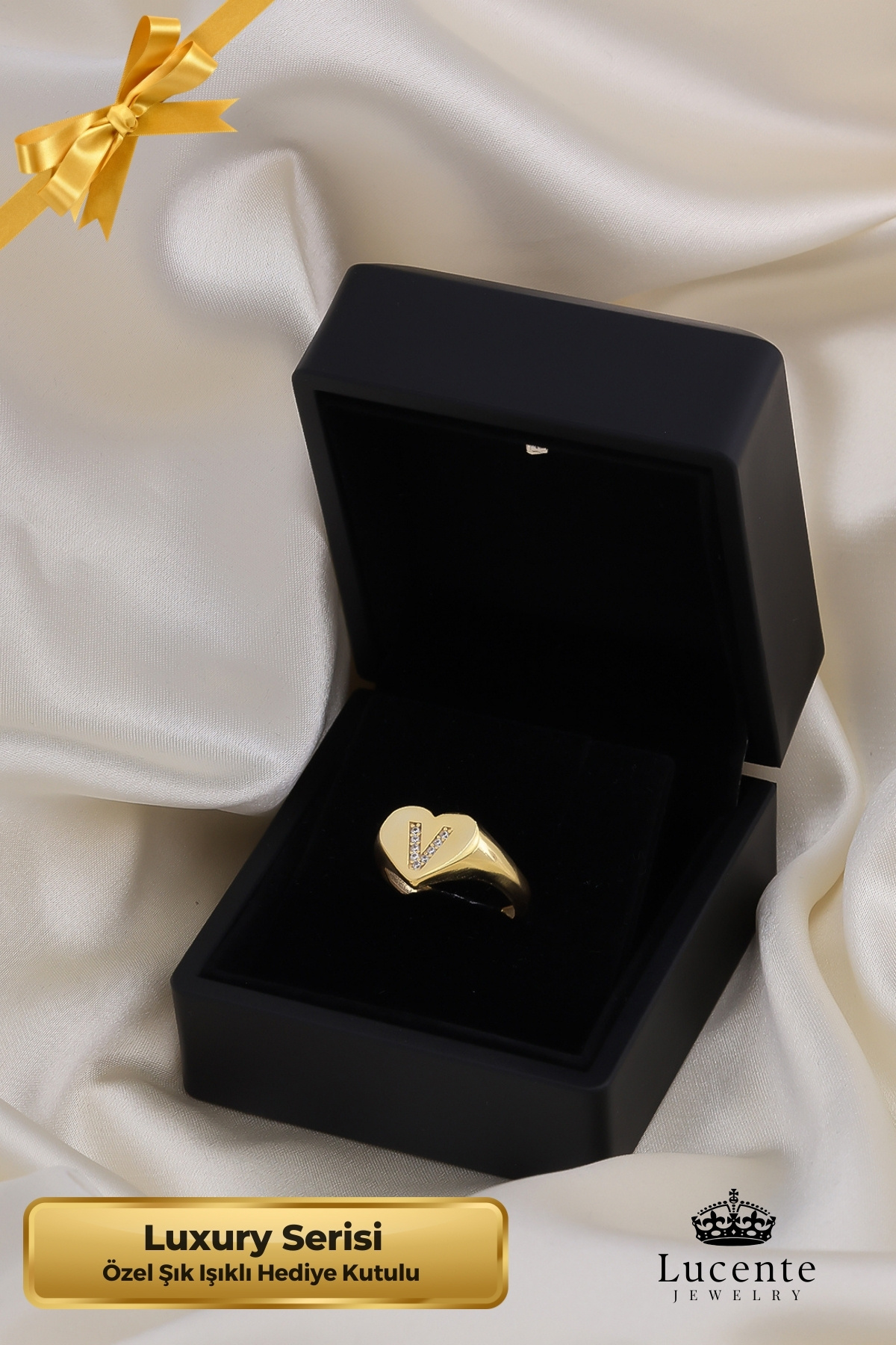 Lucente Jewellery Luxury Serisi Işıklı Hediye Kutulu V Harf 925 Ayar Gümüş Altın Kaplama ...