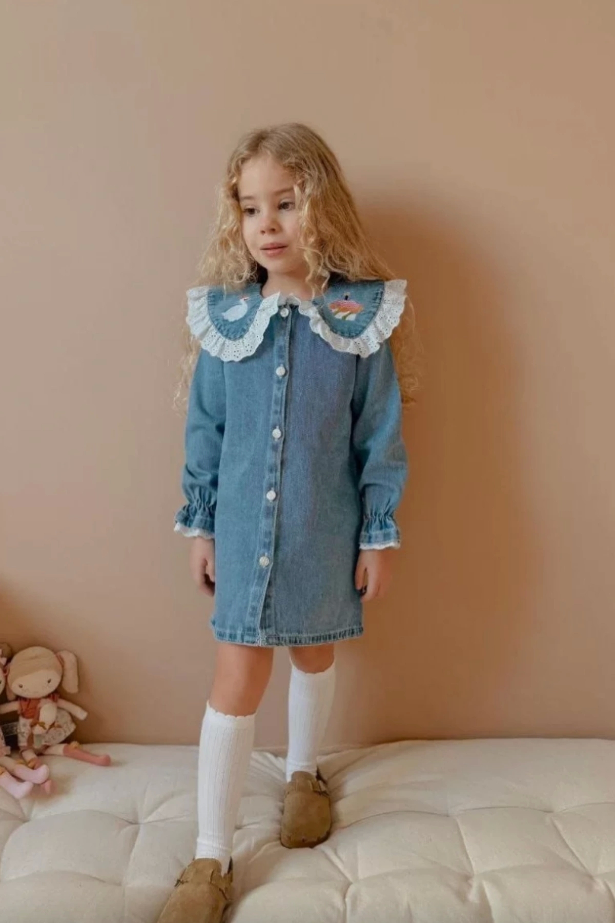Kidmark Çocuk Modası Kız Çocuk Nakış Işleme Bebe Yaka Kot Elbise ...