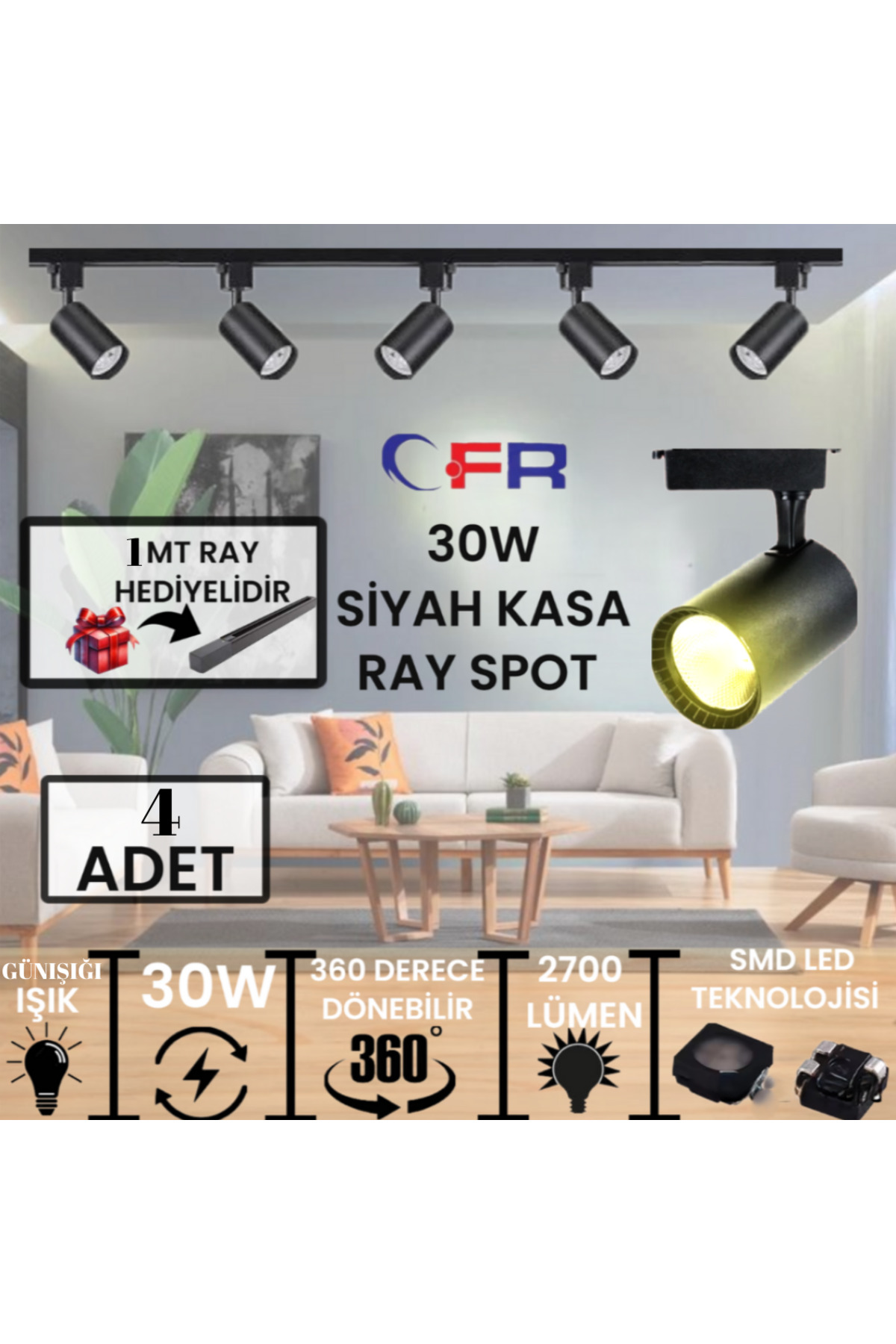 CFR Ray Spot 30w Siyah Kasa Günışığı 360 Dönen 4 Adet Ray Spot 1 Mt Ray ...